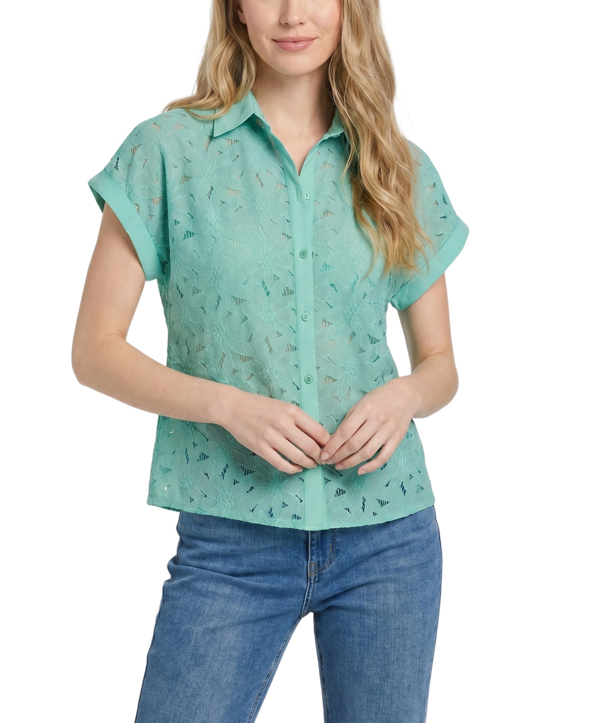 Click here for Ny Collection Petite Short-Sleeve Eyelet Top - Aqu... prices