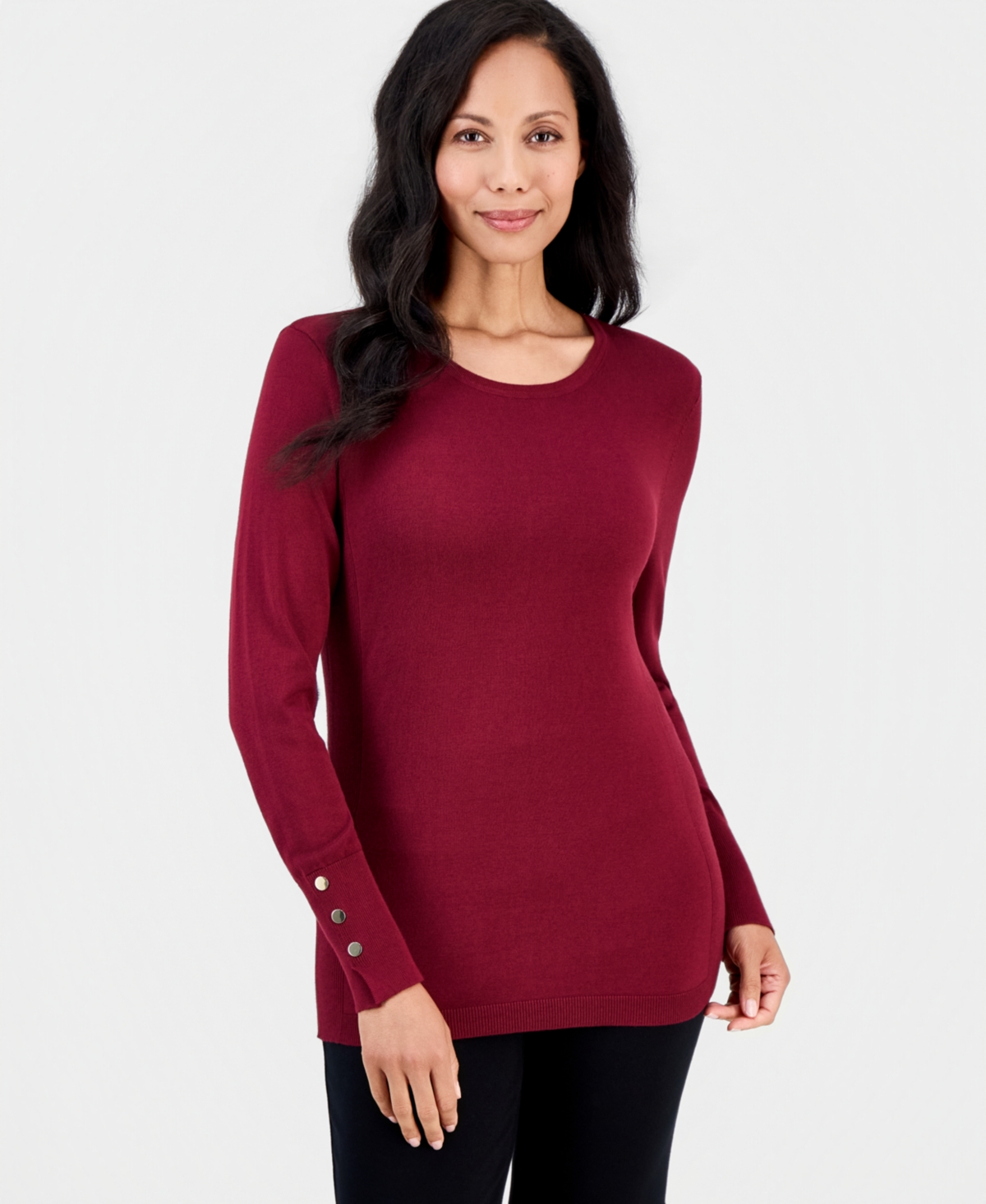Click here for Jm Collection Womens Button-Sleeve Crewneck Sweate... prices