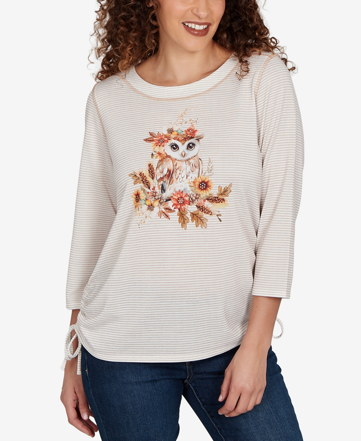 Click here for Alfred Dunner Womens Autumn Owl Knit Top - Tan Mul... prices