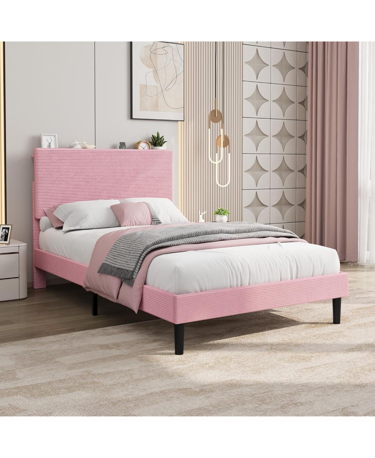 Click here for gaomon Twin Corduroy Upholstered Bed with Charging... prices