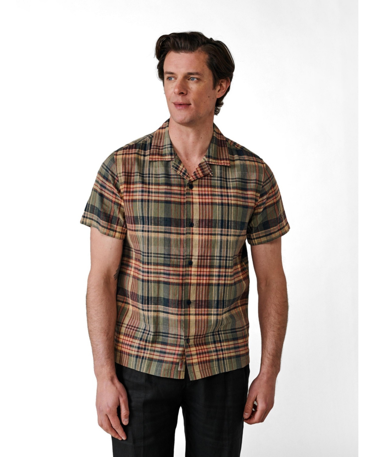 Click here for Aubin Mens Abbots Cuban Collar Shirt - Khaki check prices