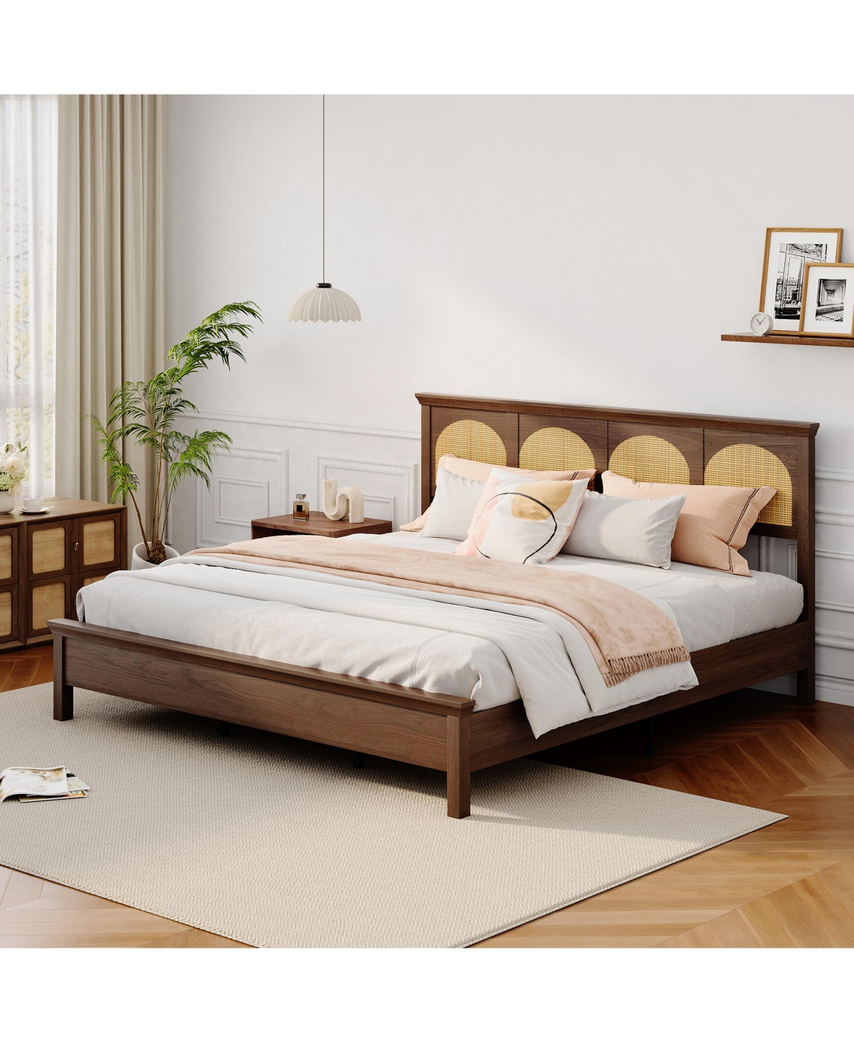 Click here for homfan Bed Frame with Rattan Headboard  Wooden Pla... prices