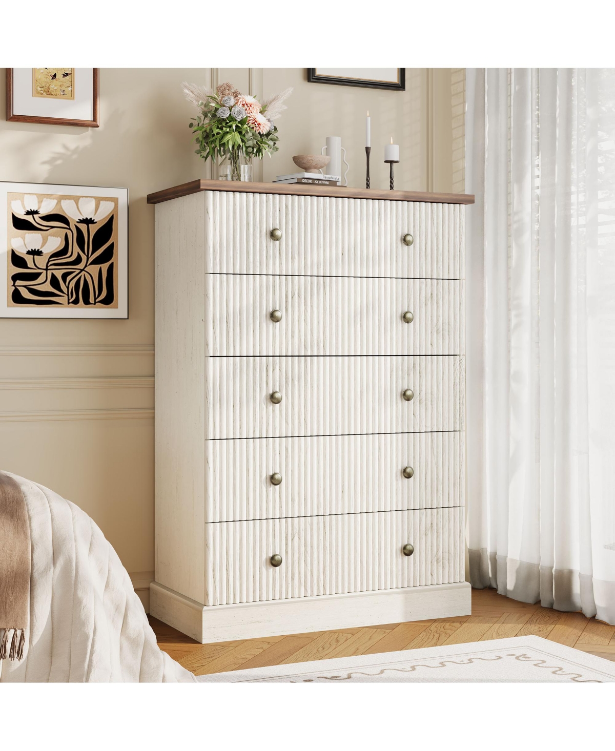 Click here for homfan 5 Drawer Tall Dresser with Fluted Front and... prices