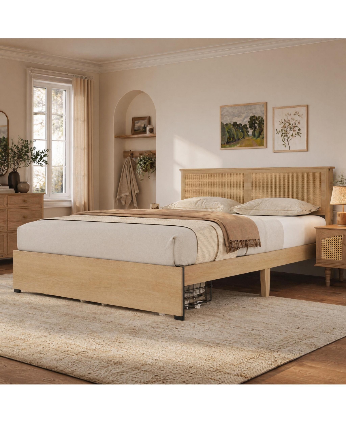 Click here for homfan Boho Rattan Headboard Platform Bed With Sto... prices