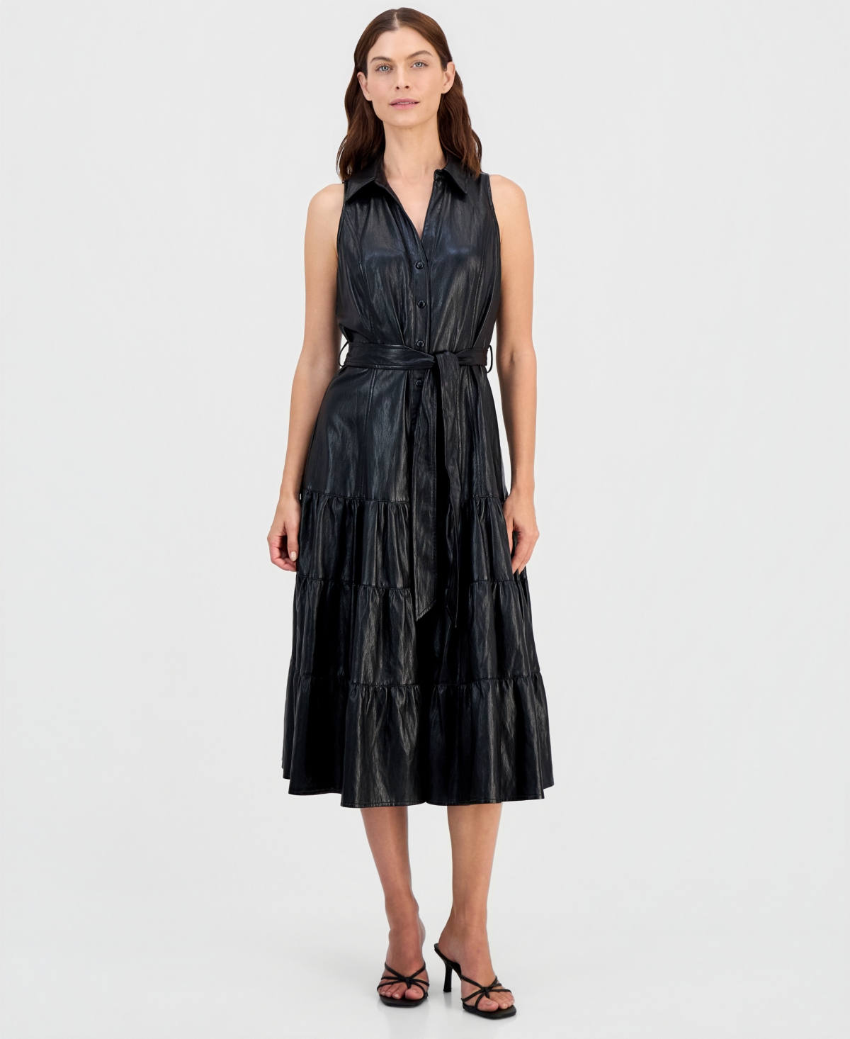 Click here for T Tahari Womens Faux-Leather Tie-Waist Tiered Maxi... prices