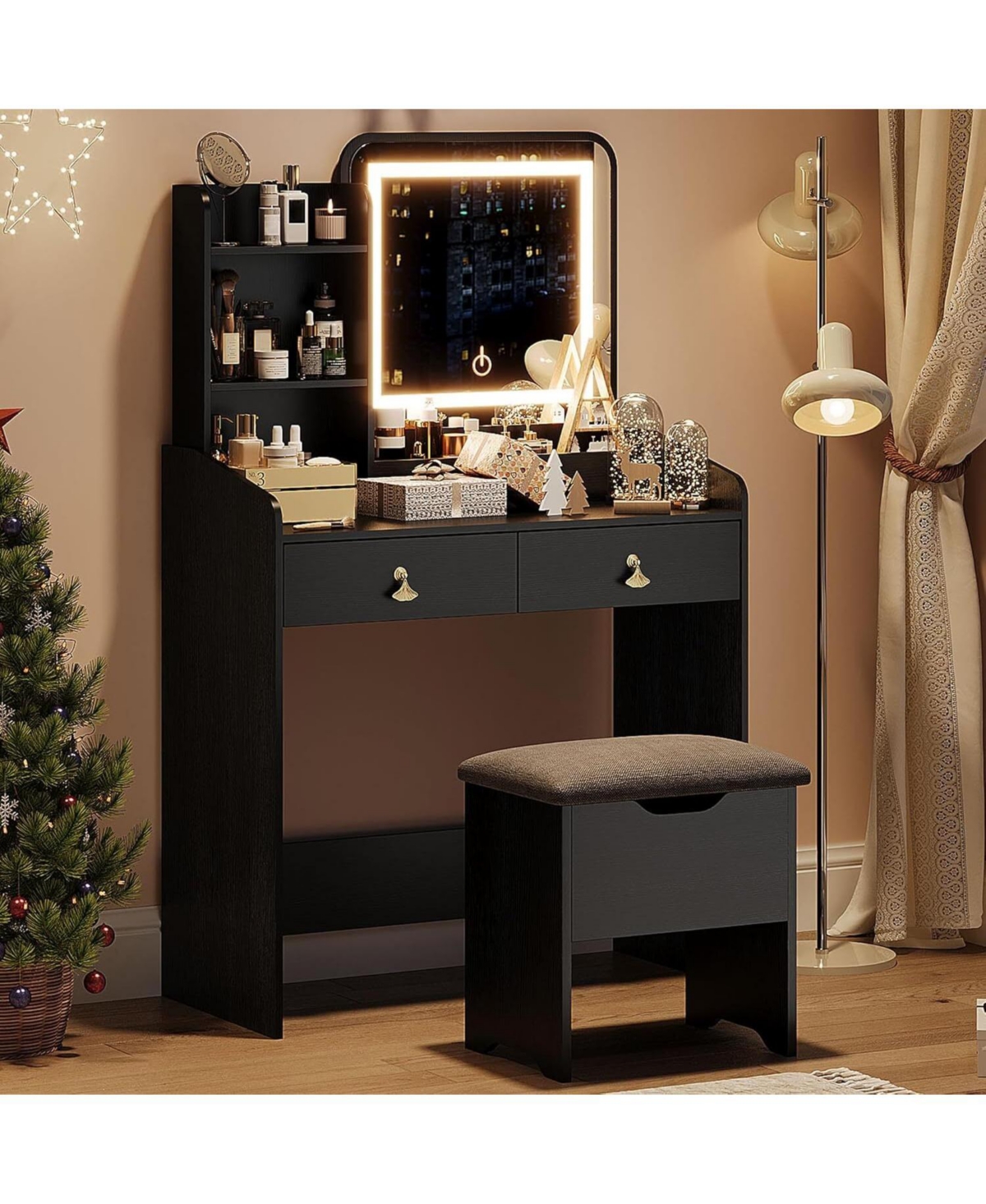 Click here for gaomon 2-Drawer Led Vanity Table with Built-In Cha... prices