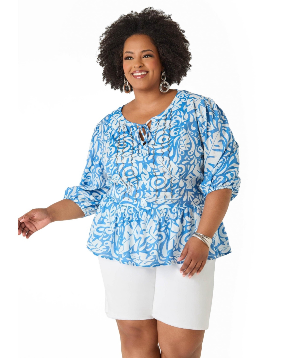 Click here for Ashley Stewart Plus Size Beaded Leaf Print Peplum... prices