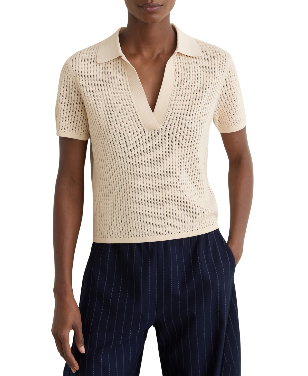 Click here for Reiss Womens Open-Stitch Knitted Polo Top - Ivory prices