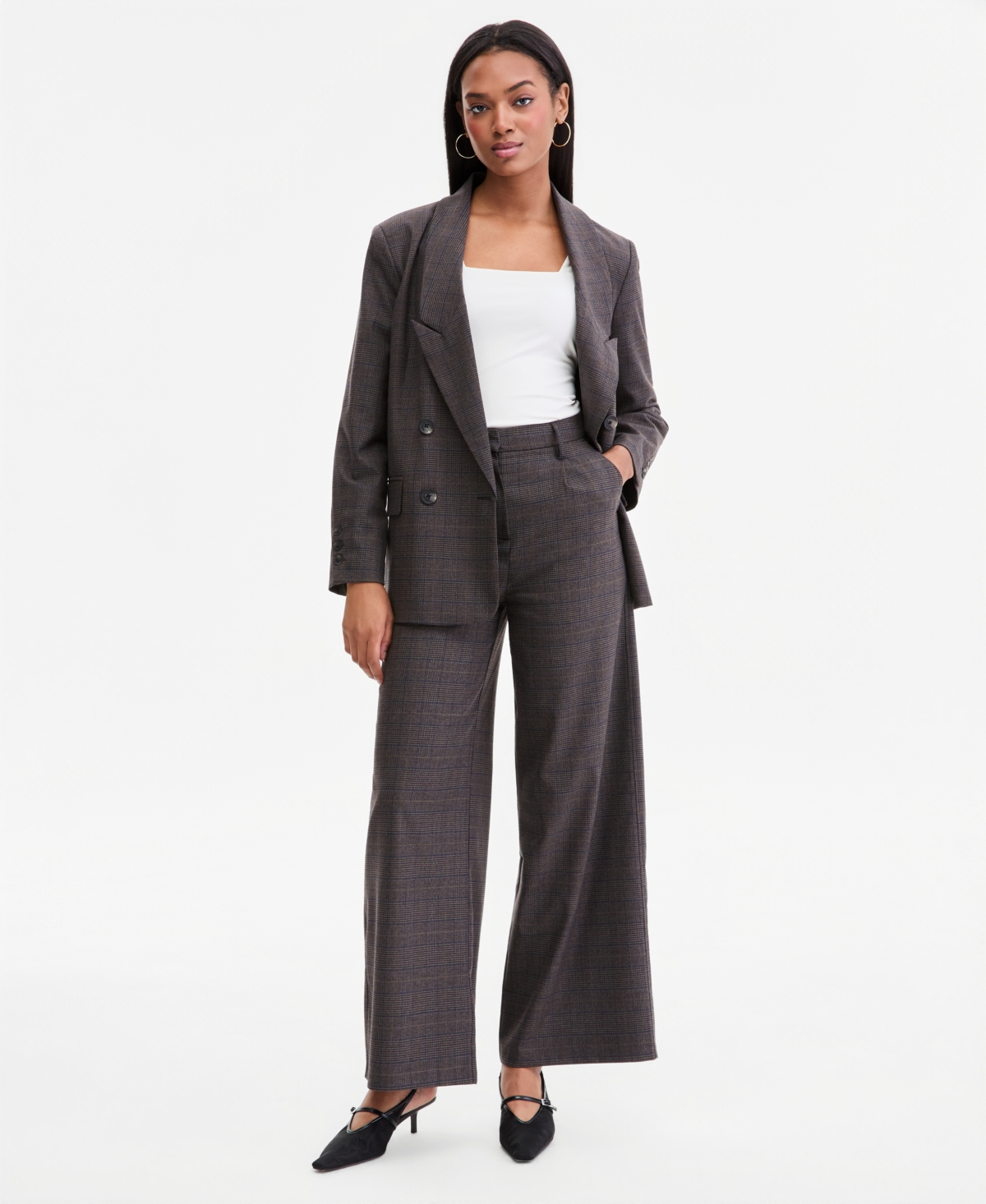 Click here for Bar Iii Womens Plaid High-Rise Wide-Leg Pants  Mac... prices