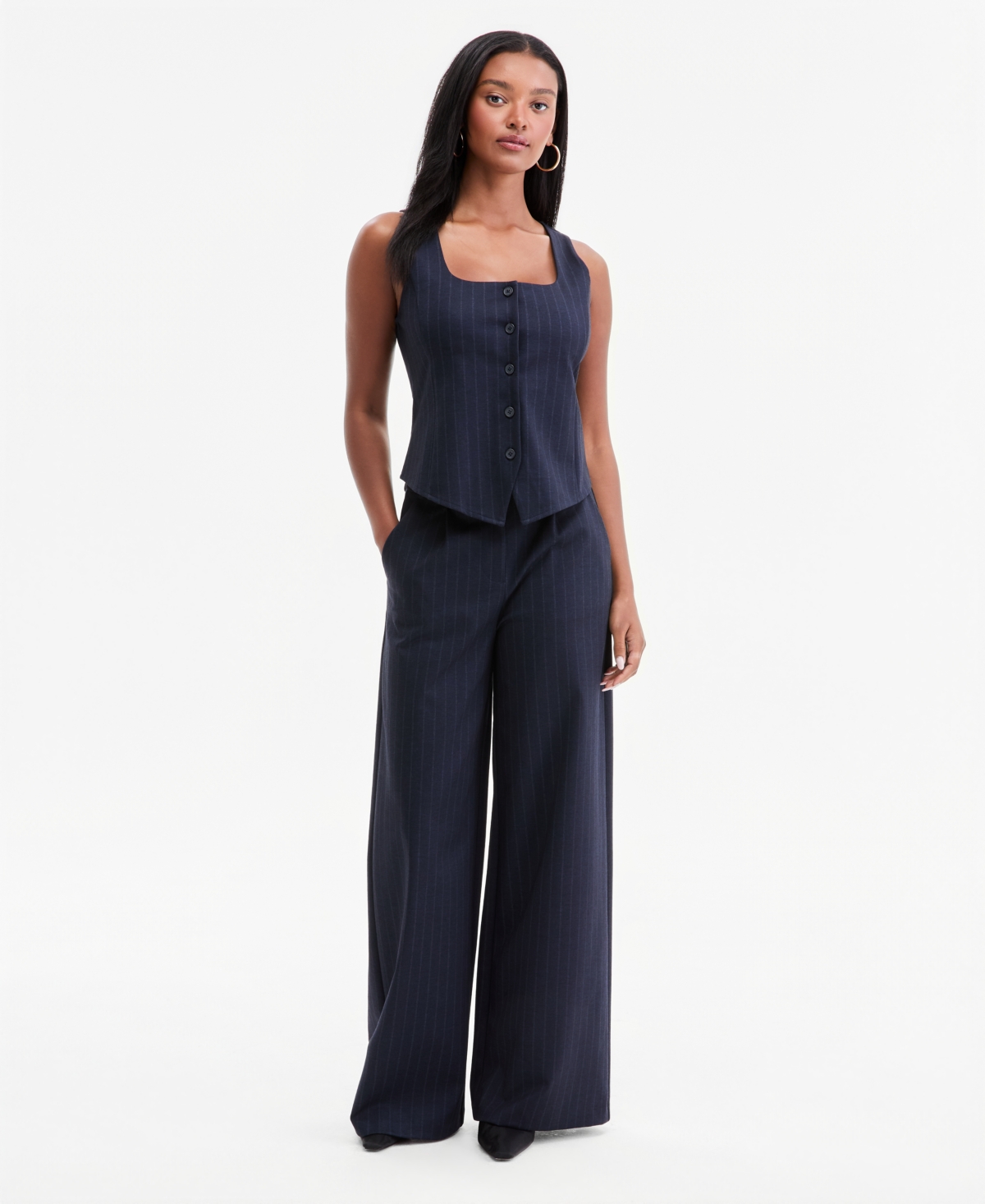 Click here for Bar Iii Womens Pinstriped High-Rise Wide-Leg Pants... prices
