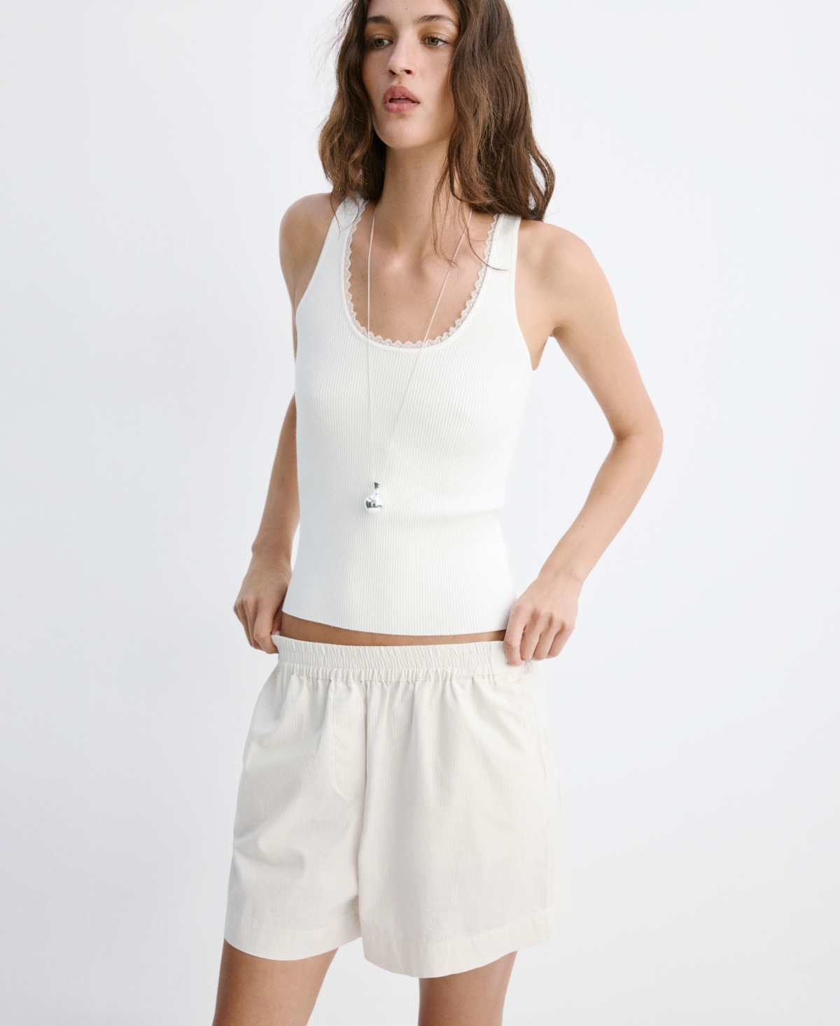 Click here for Mango Womens Lace Detail Ribbed Top - Ecru prices