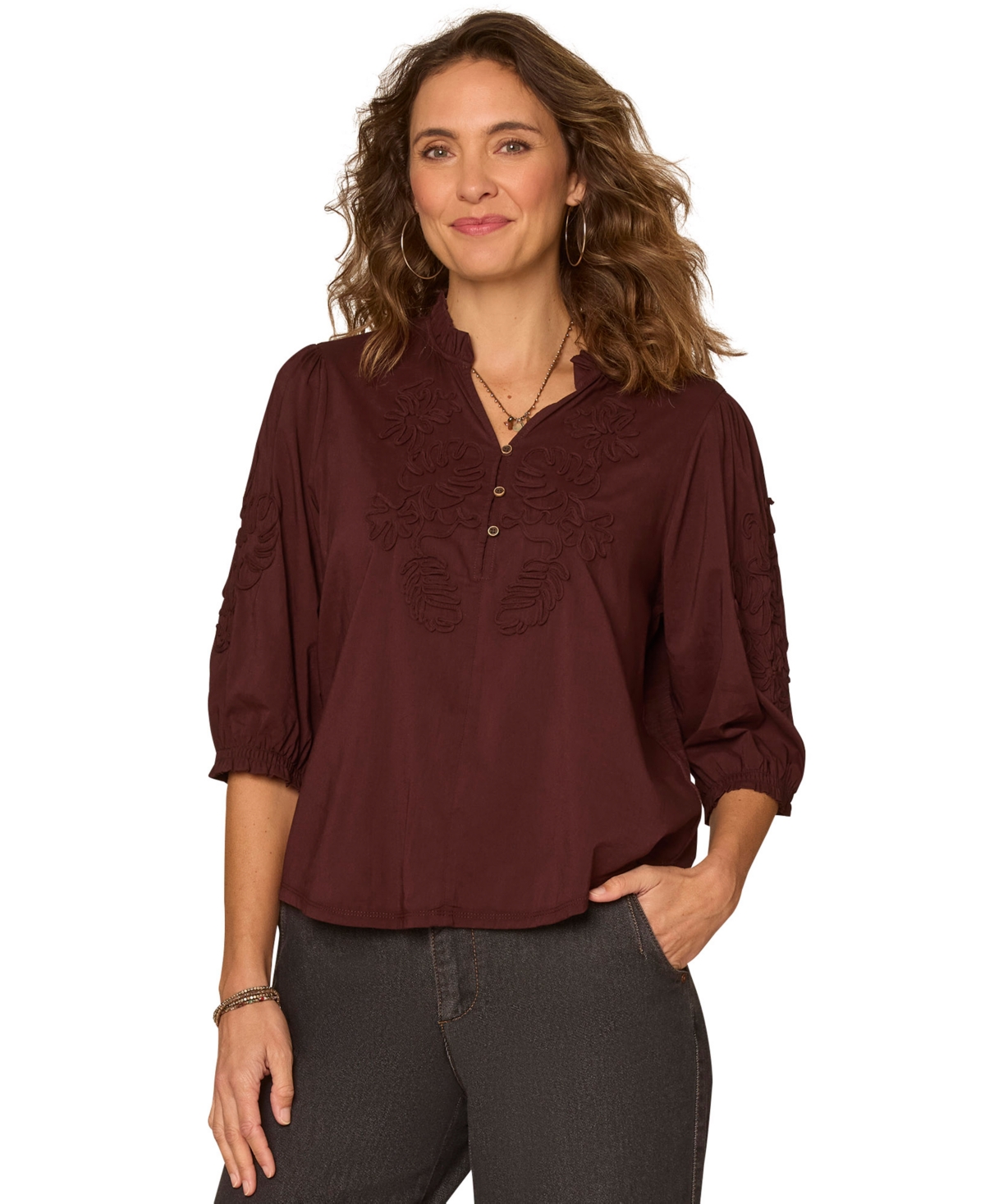 Click here for Democracy Petite Notch Neck Mixed Media Top - Cher... prices