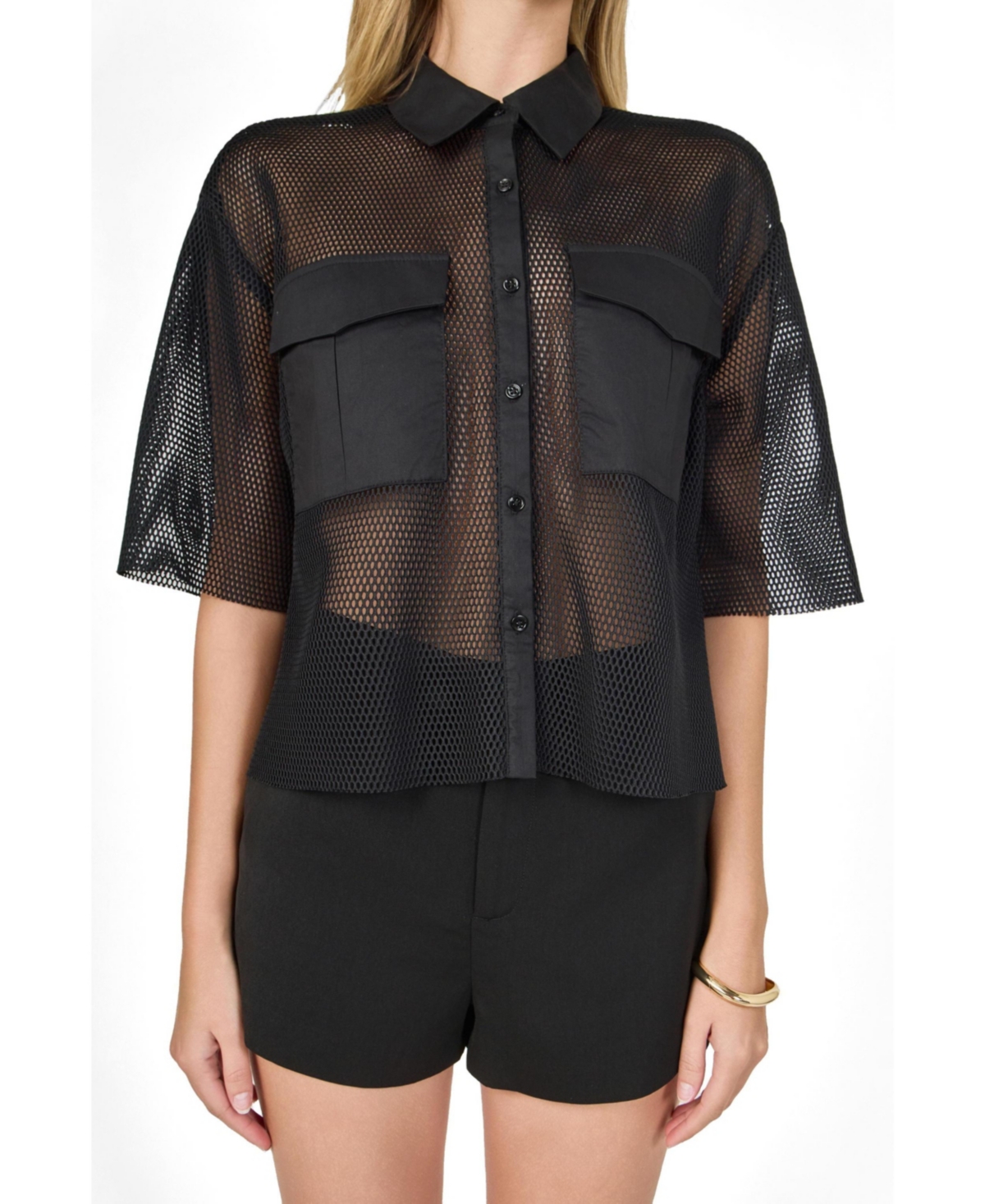 Click here for endless rose Womens Mesh Net Top with Pockets - Bl... prices