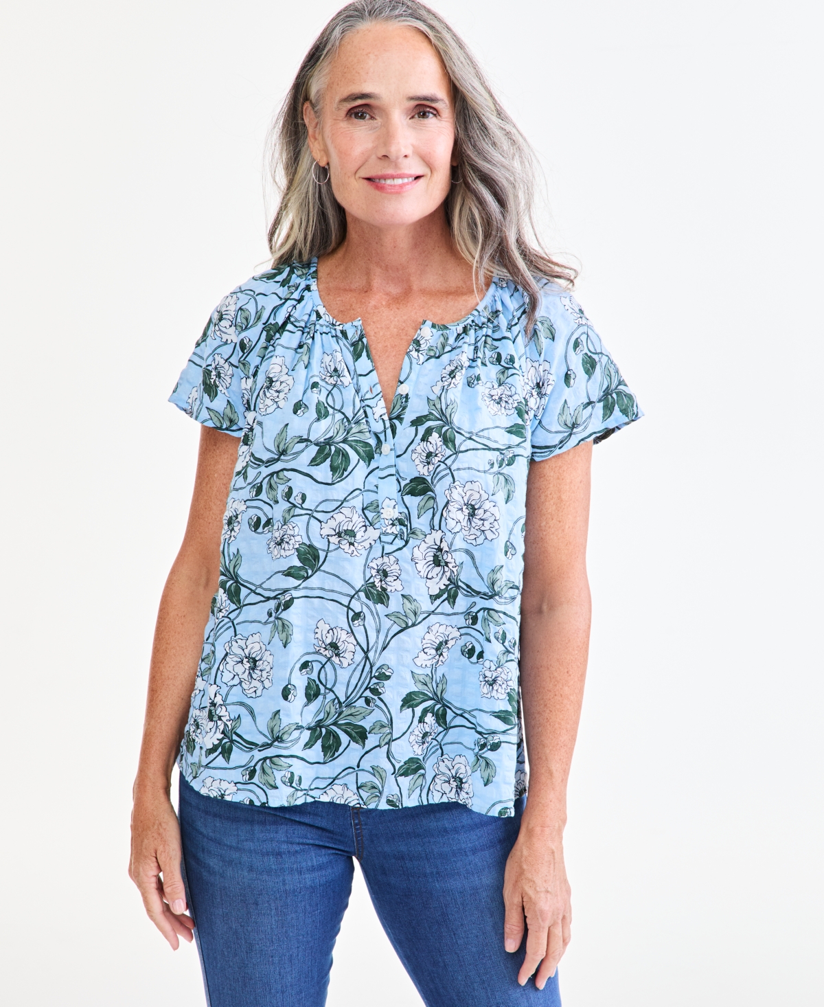 Click here for Style & Co Womens Seersucker Flutter Sleeve Top  M... prices