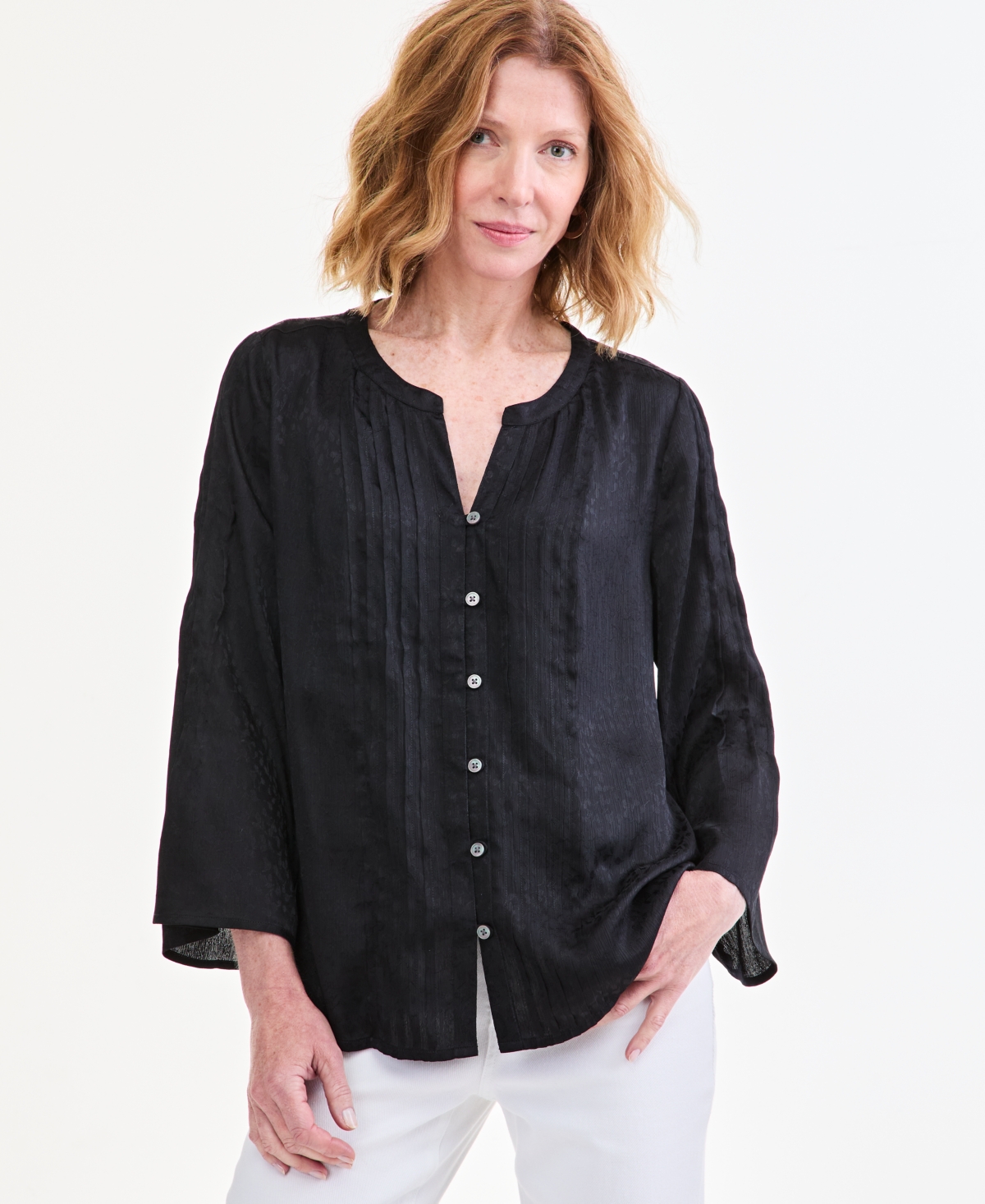 Click here for Style & Co Womens Bell-Sleeve Satin Pintuck Blouse... prices