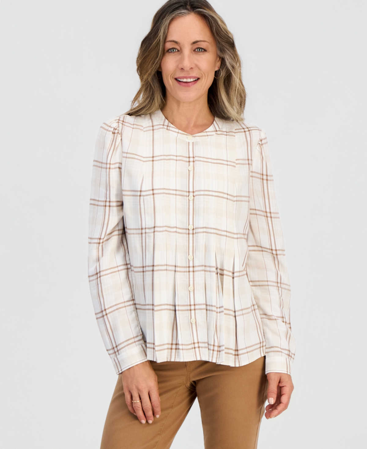 Click here for Style & Co Petite Long-Sleeve Plaid Band-Collar Bu... prices