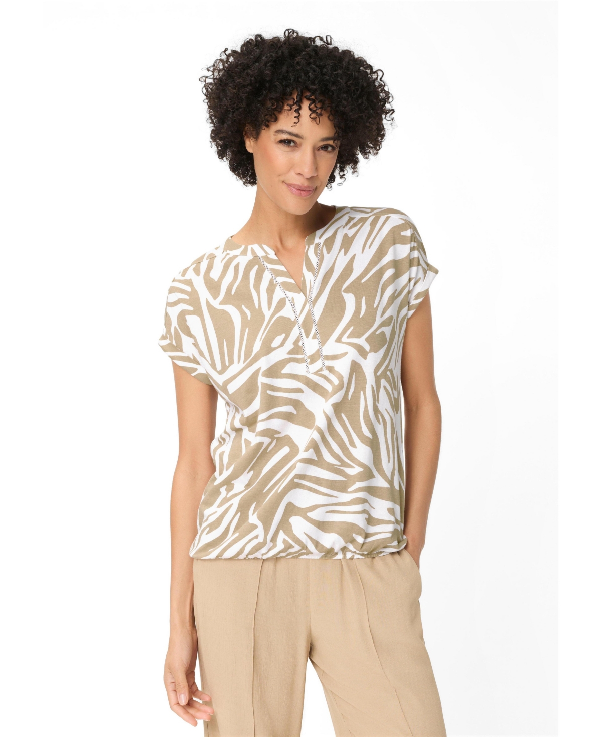 Click here for Olsen Womens Neo Zebra Tunic T-Shirt - Desert ston... prices