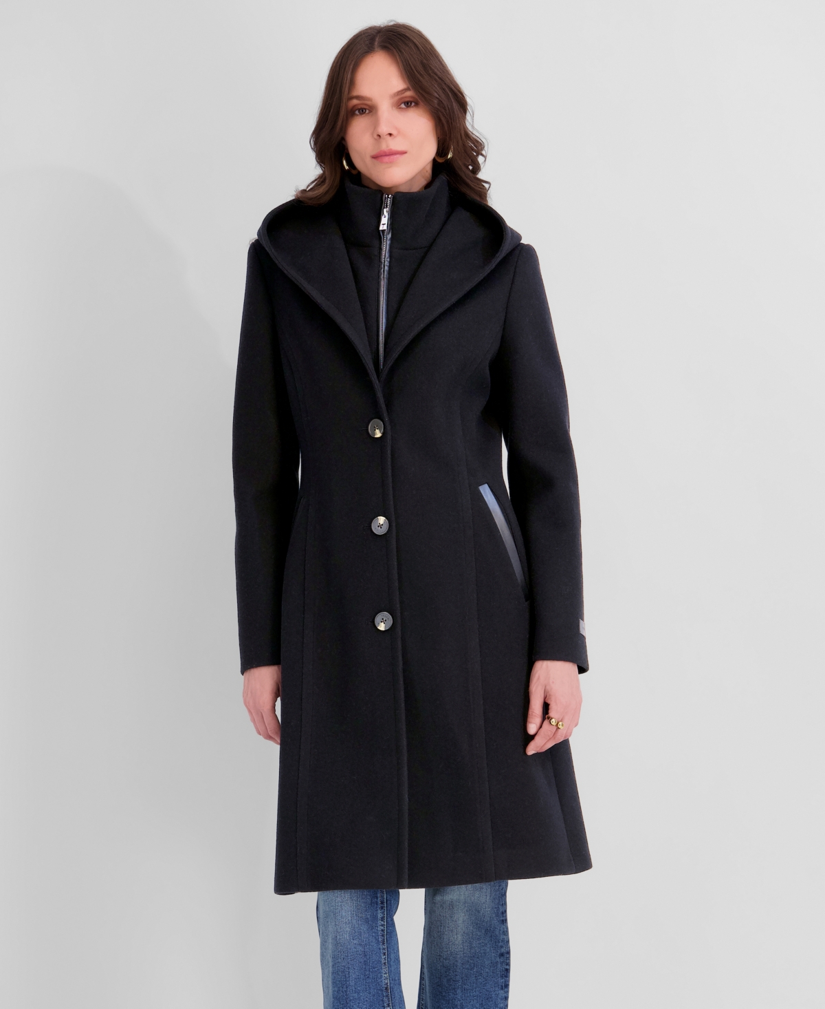 Click here for Tahari Womens Bibbed Faux-Leather Trimmed Hooded C... prices
