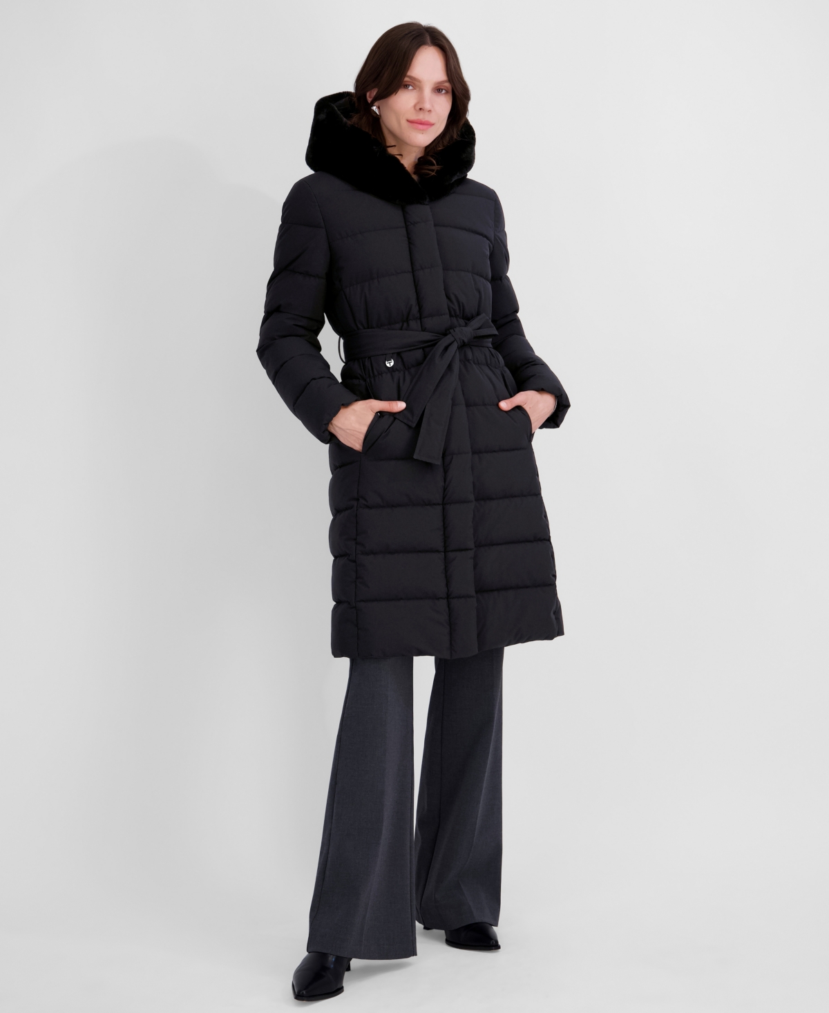 Click here for Tahari Womens Long Belted Faux-Fur Hooded Puffer C... prices