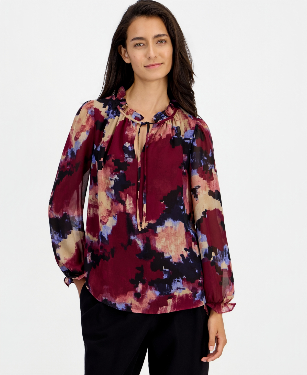 Click here for Bar Iii Womens Ruffle Tie Neck Long-Sleeve V-Neck... prices