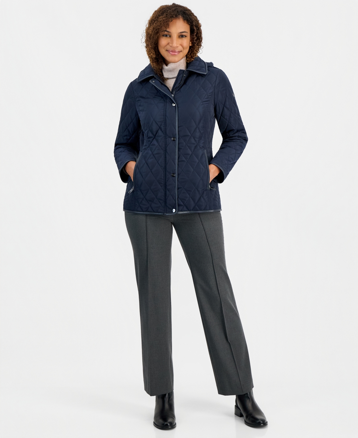 Click here for Calvin Klein Womens Faux-Leather-Trim Quilted Hood... prices