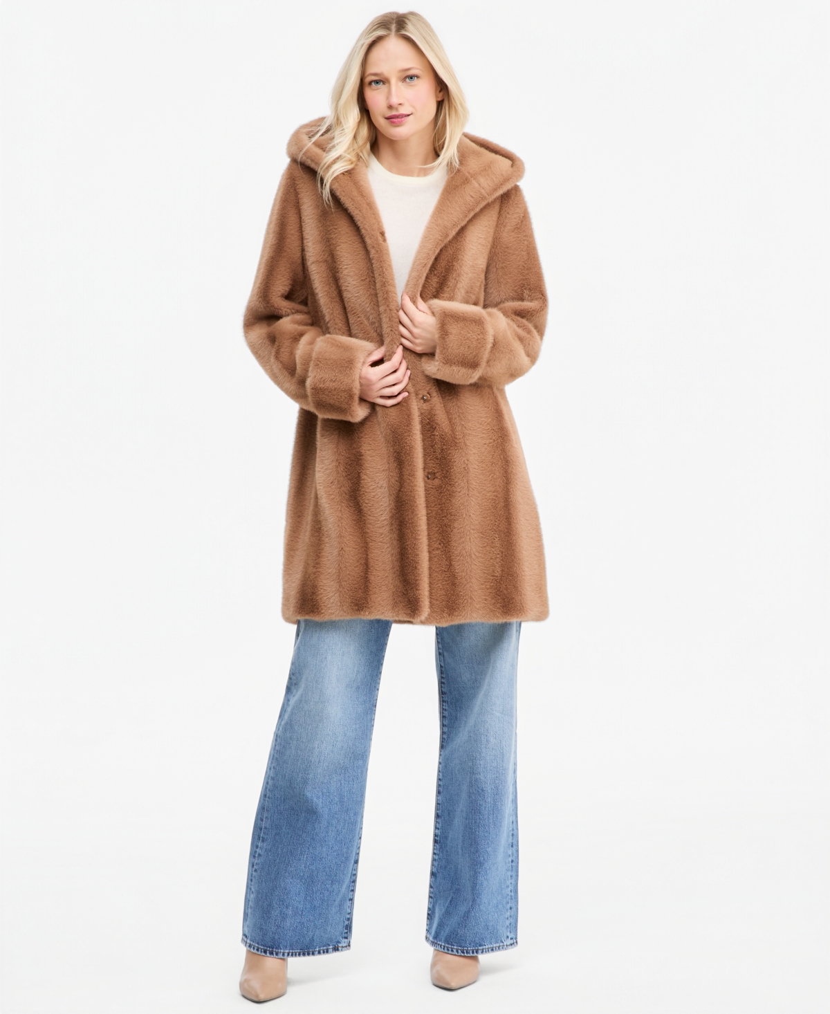 Click here for Jones New York Petite Hooded Faux-Fur Polyester Mi... prices