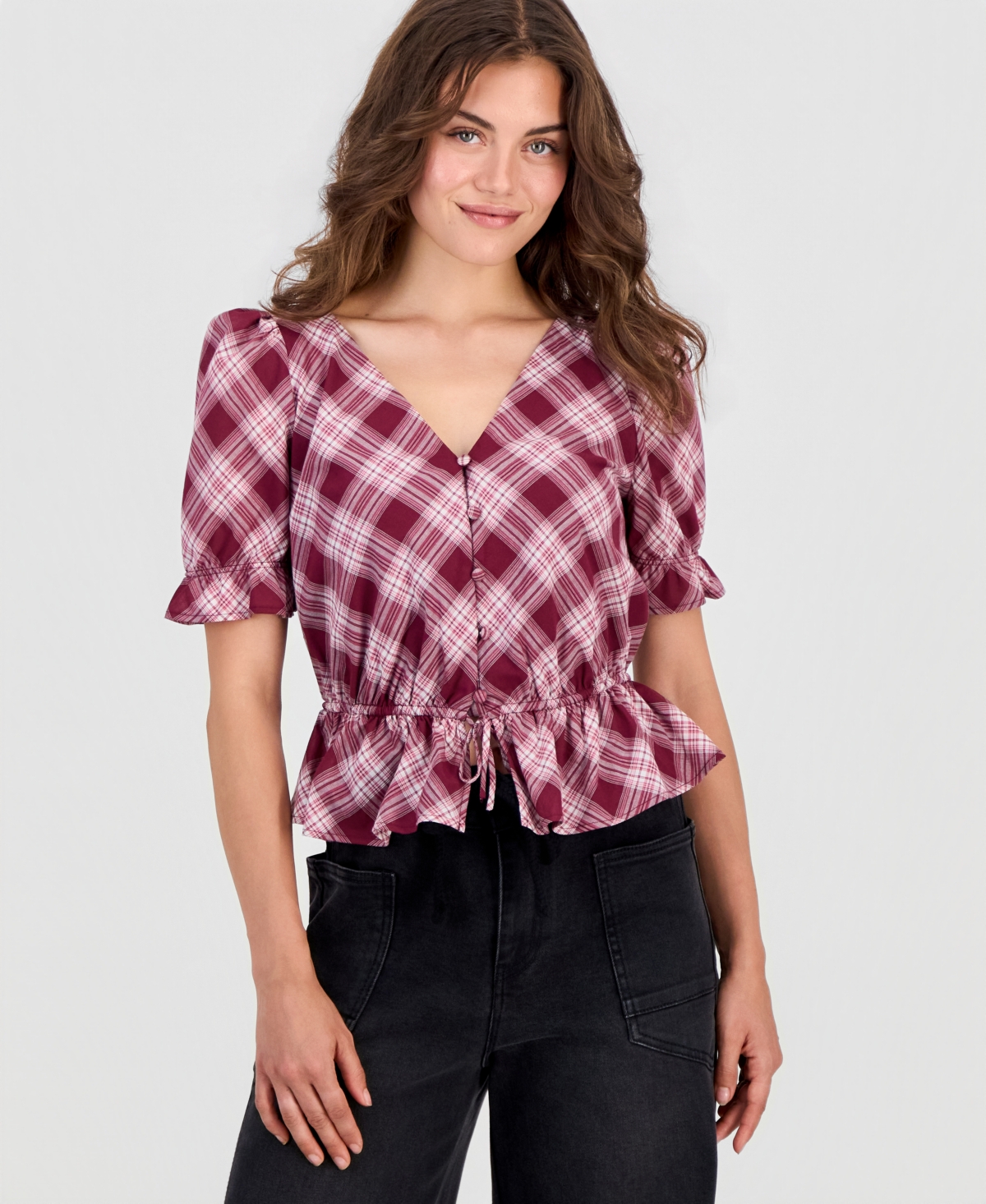 Click here for And Now This Petite Cotton Plaid Peplum Top  Macys... prices