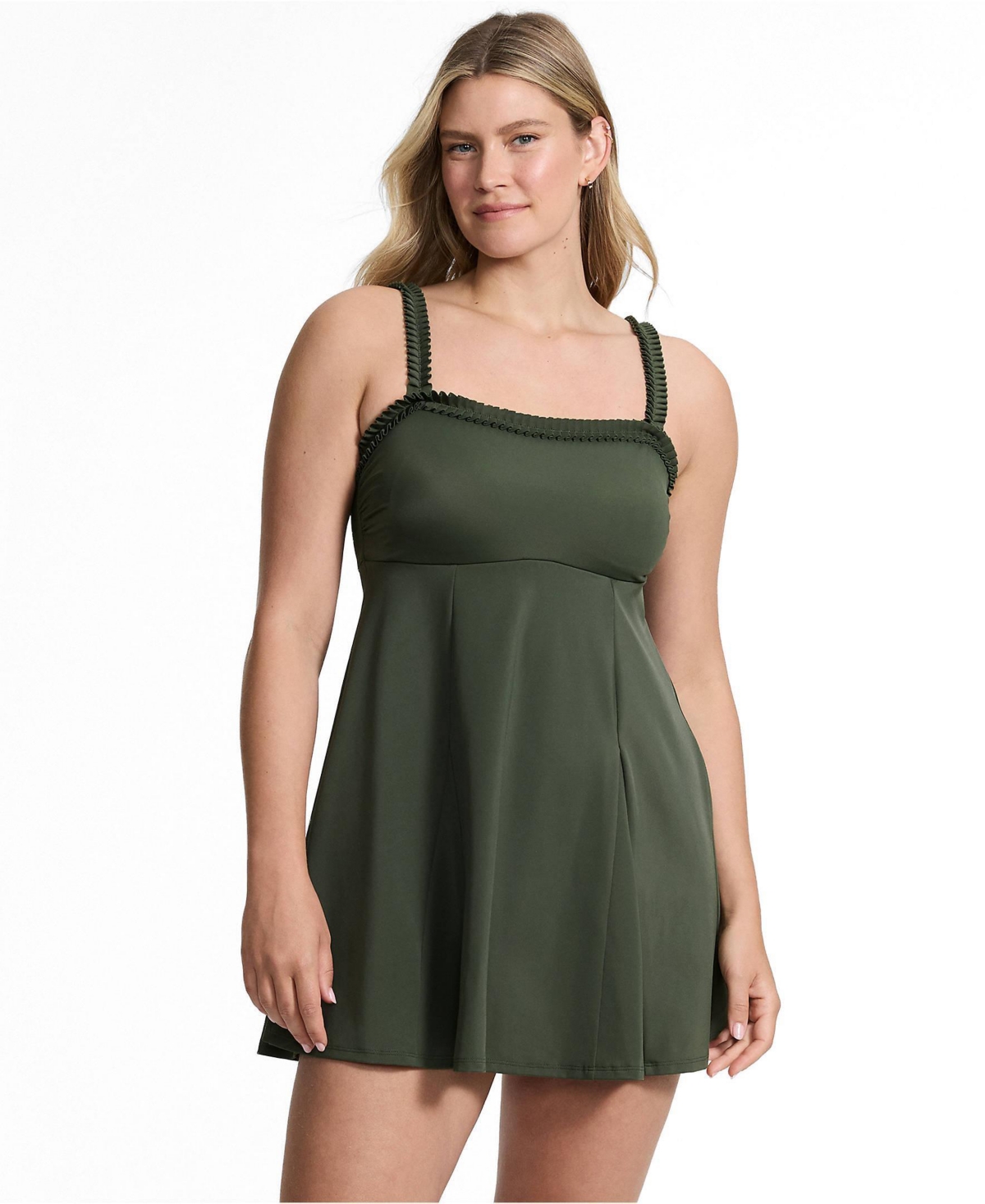 Click here for Lands End Womens Tugless Pleated Ruffle Swim Dress... prices