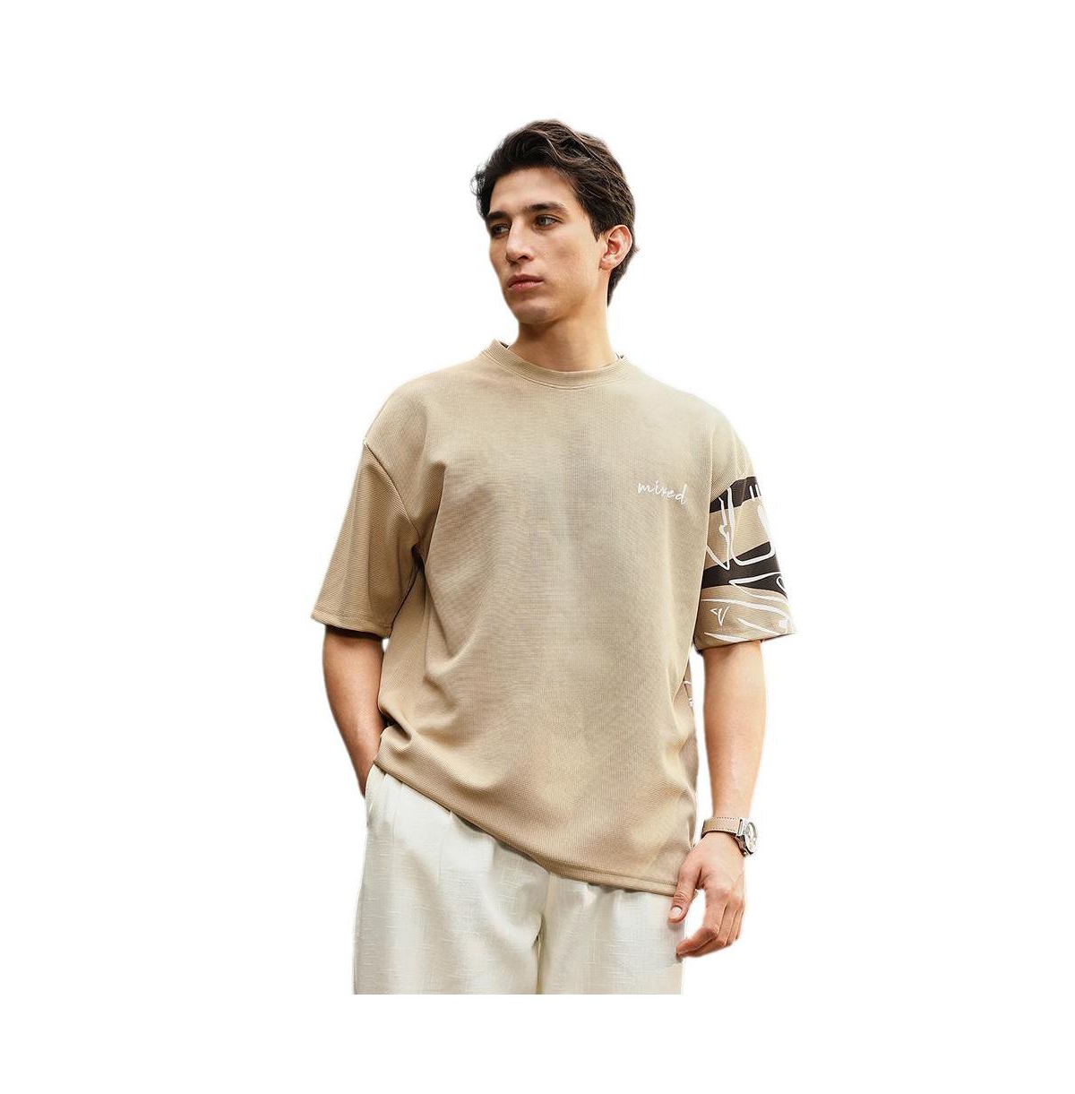 Click here for Campus Sutra Mens S -L Boxy Folk-Wave T-Shirt - Kh... prices
