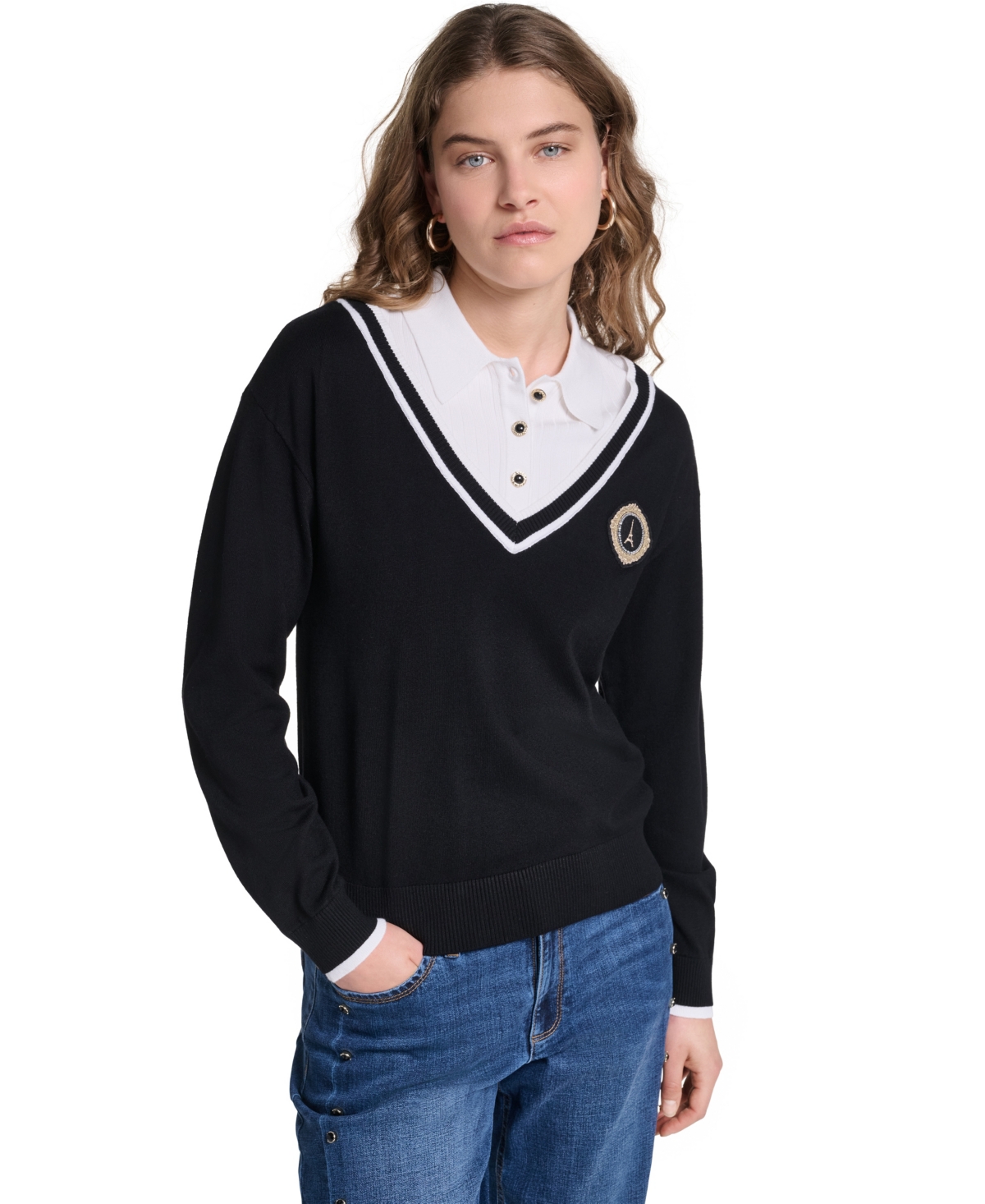 Click here for Karl Lagerfeld Paris Womens Twofer Collared Sweate... prices