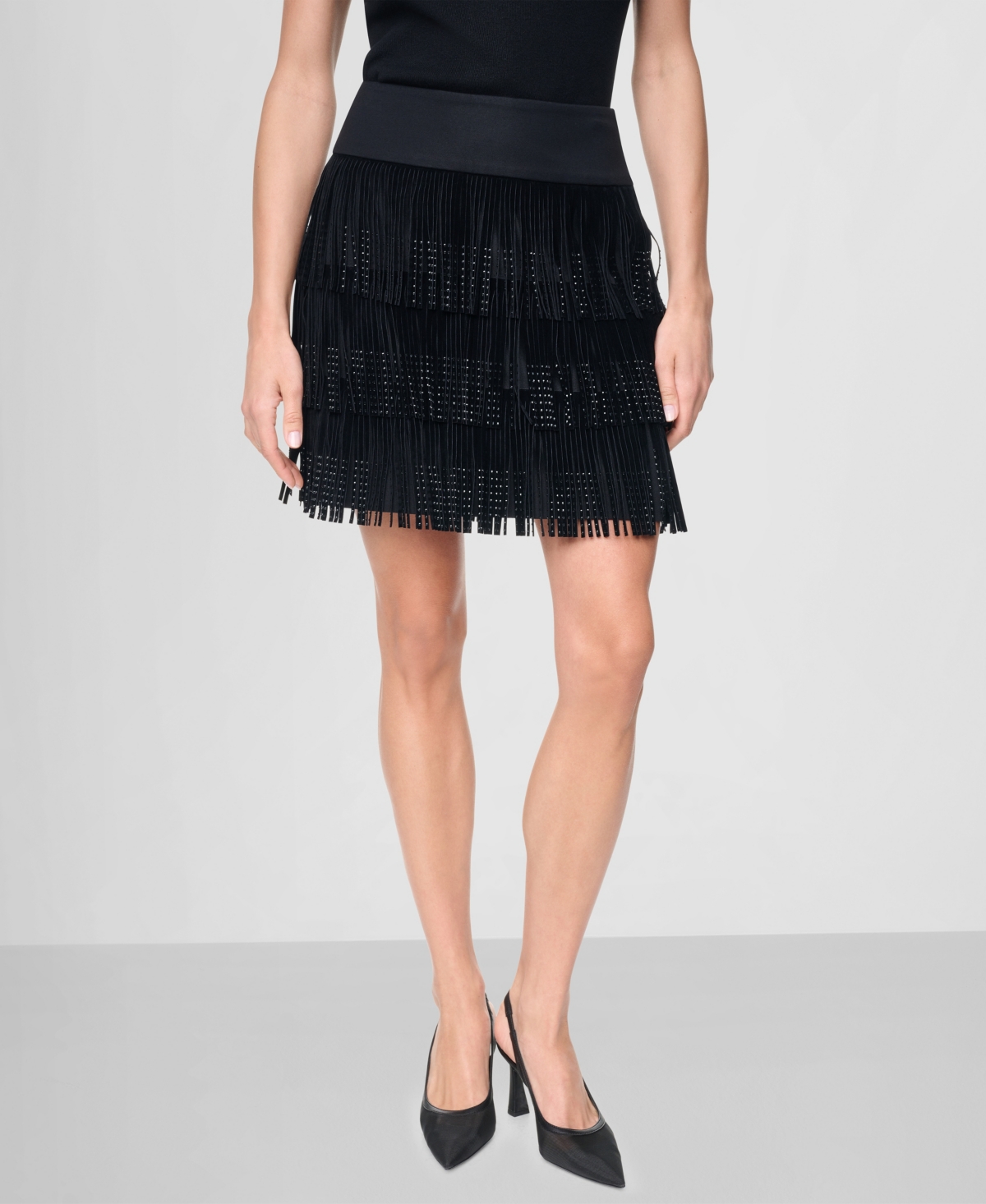 Click here for Dkny Womens Rhinestone Fringe Skirt - Black prices