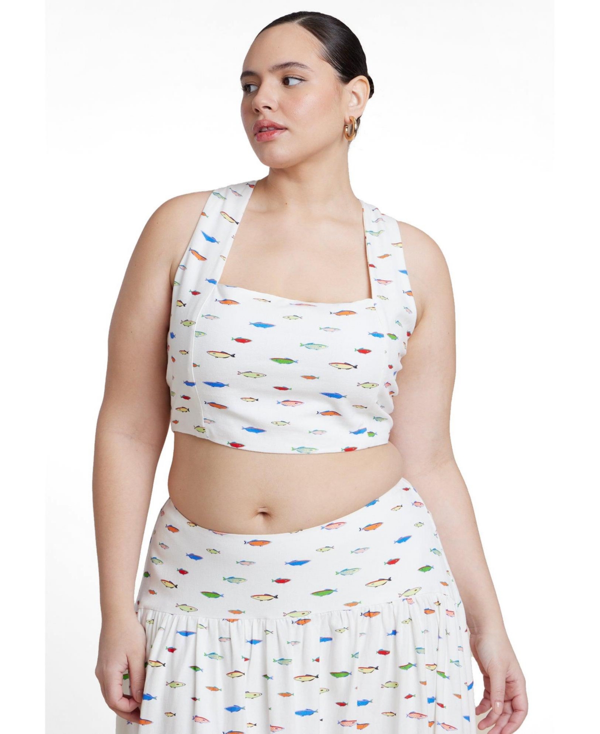 Click here for Eloquii Womens Printed Linen Crop Top - Fish famil... prices