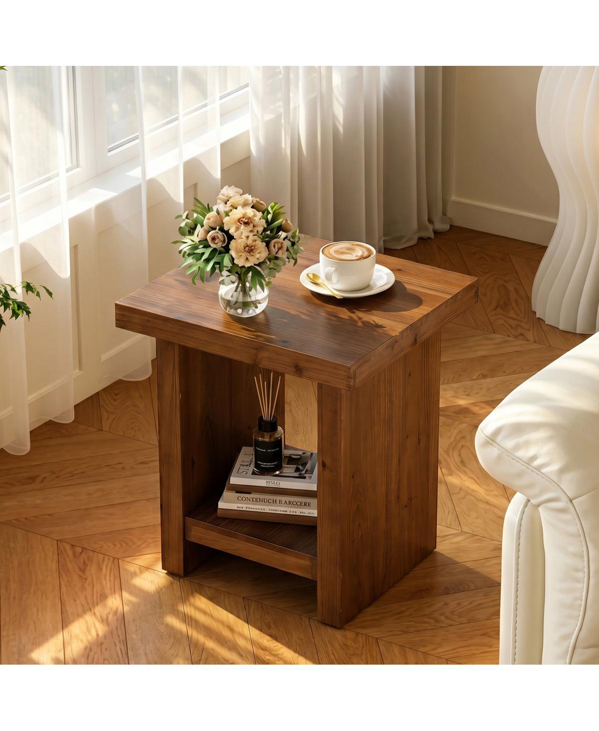 Click here for Tribesign Square Solid Wood End Table  2-tier Rust... prices