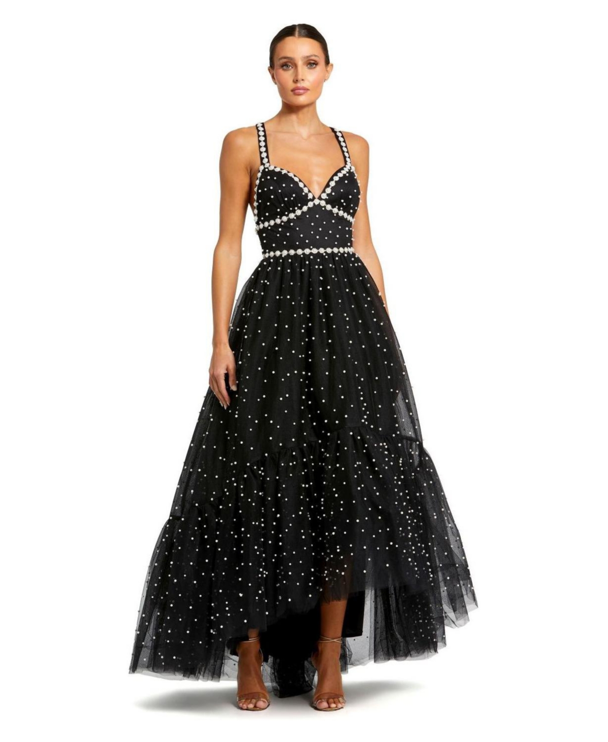 Click here for Mac Duggal Womens Pearl Beaded High Low Gown - Bla... prices