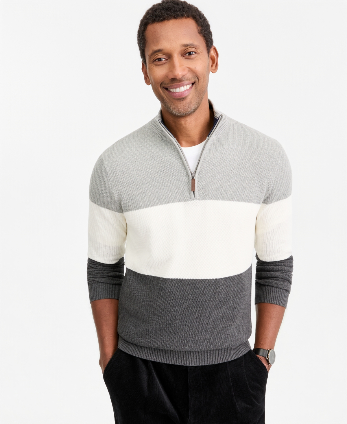 Click here for Club Room Mens Blocked Cotton Quarter-Zip Sweater... prices