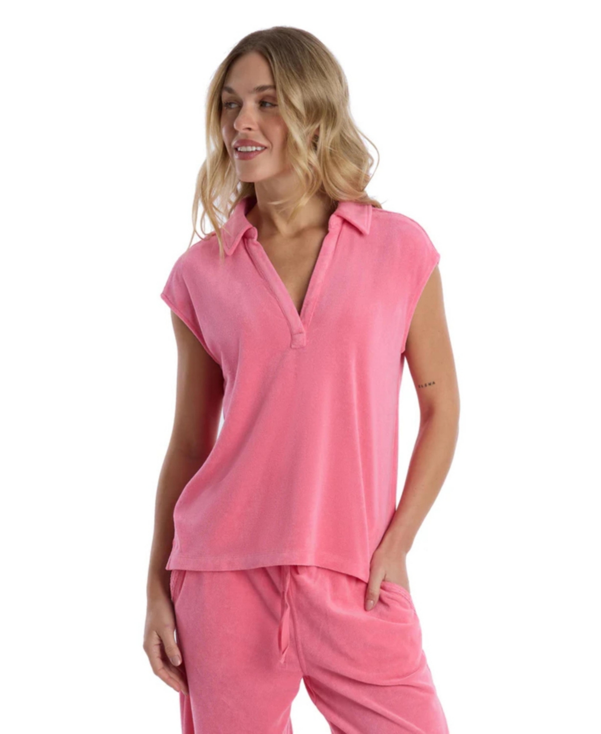 Click here for Wilt Womens Crochet Trim Polo Tee - Pink lemonade. prices