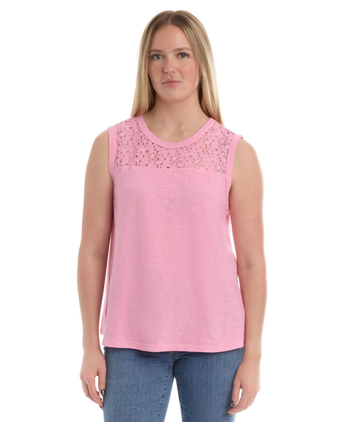 Click here for Wilt Womens Shell with Lace Yoke Tee - Begonia pin... prices