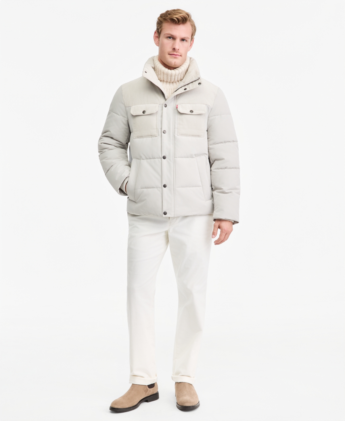 Click here for Levis Mens Mixed-Media Puffer Jacket - White prices