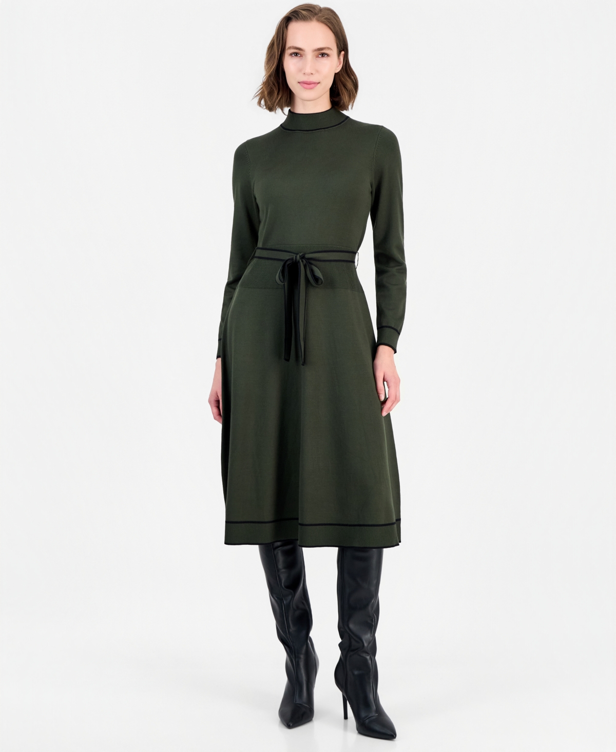 Click here for T Tahari Womens Long Sleeve Mock Neck Belted Dress... prices