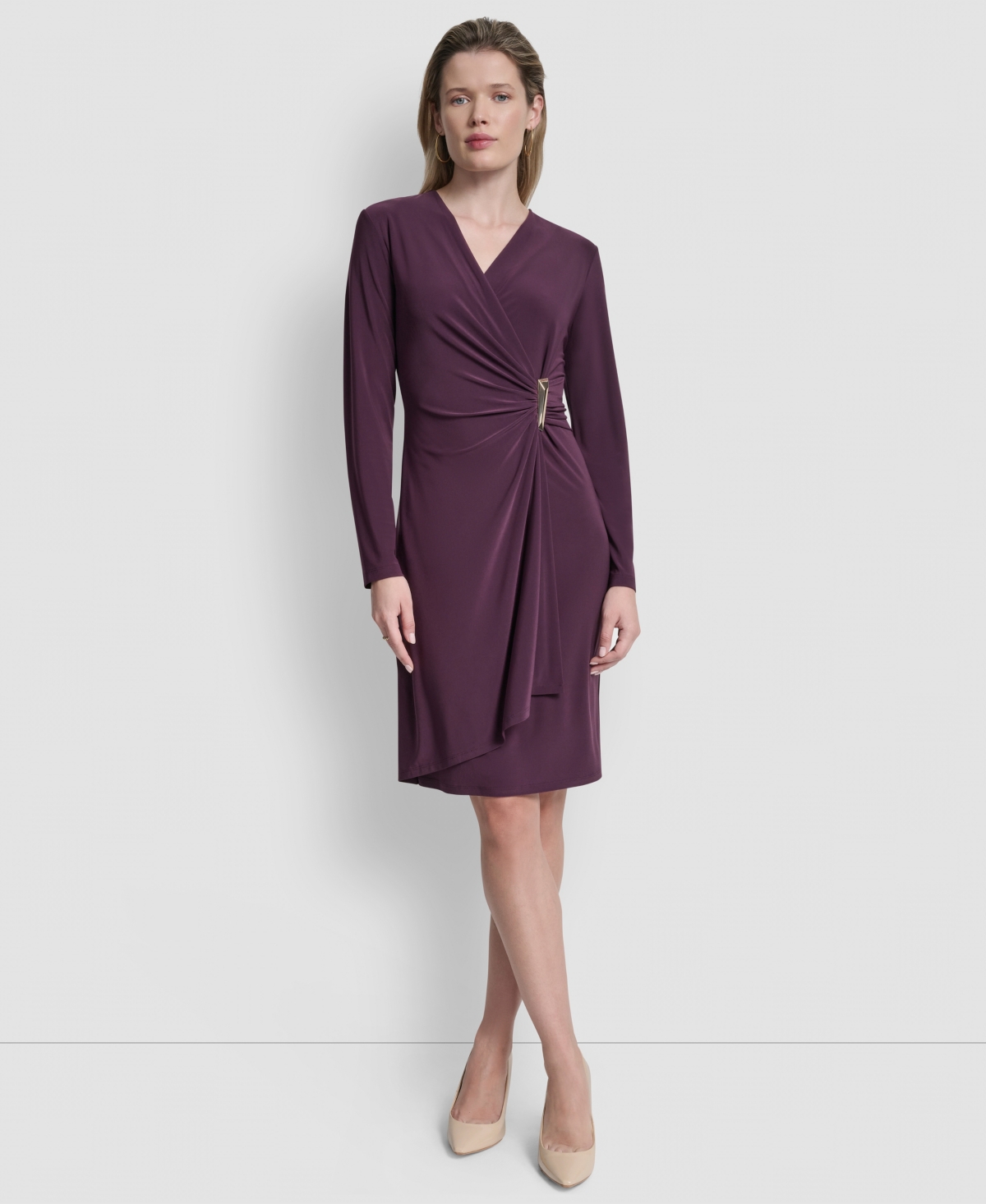 Click here for Dkny Womens V-Neck Faux Wrap Dress - Aubergine prices