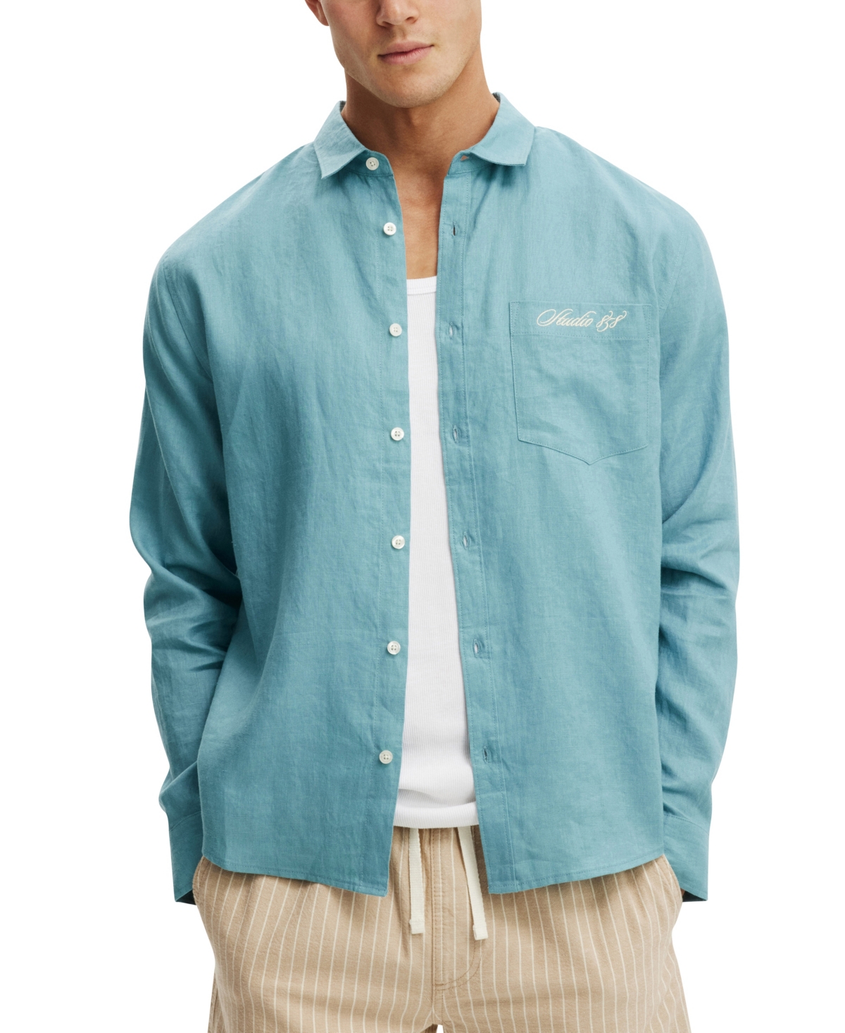 Click here for Cotton On Mens Relaxed Linen Shirt - Light Blue prices
