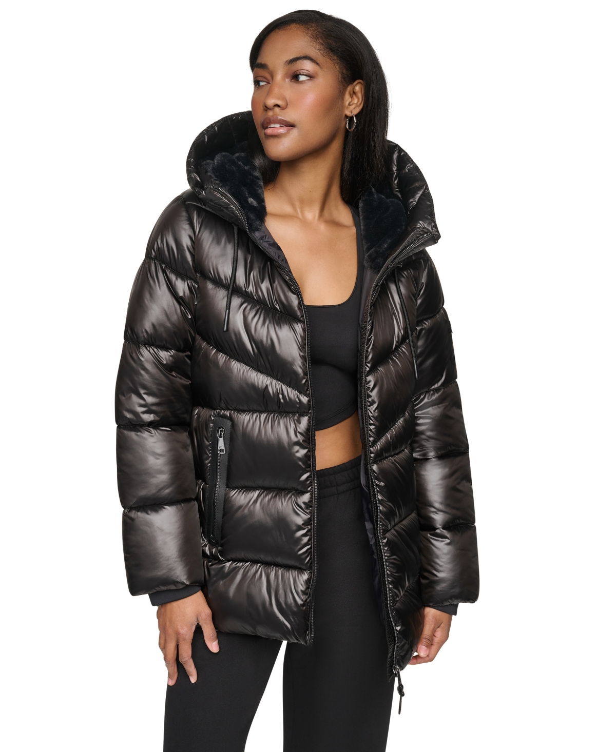 Click here for Dkny Womens Shine Hooded Puffer Coat - Black prices