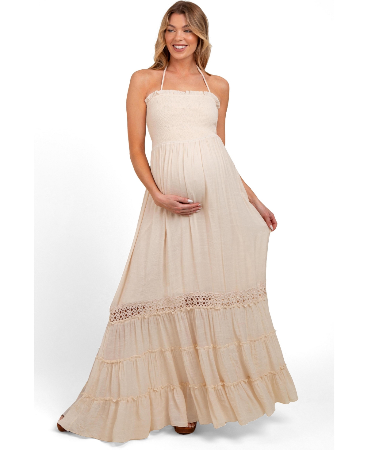 Click here for Pinkblush Womens Cream Smocked Open Back Maxi Dres... prices