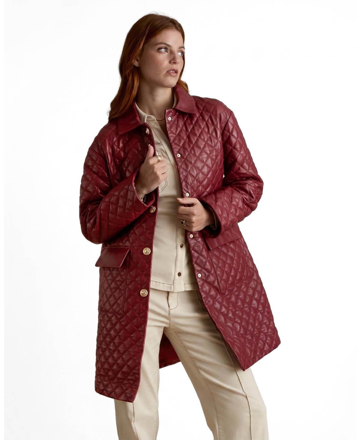 Click here for Furniq Uk Womens Quilted Leather Coat - Light burg... prices