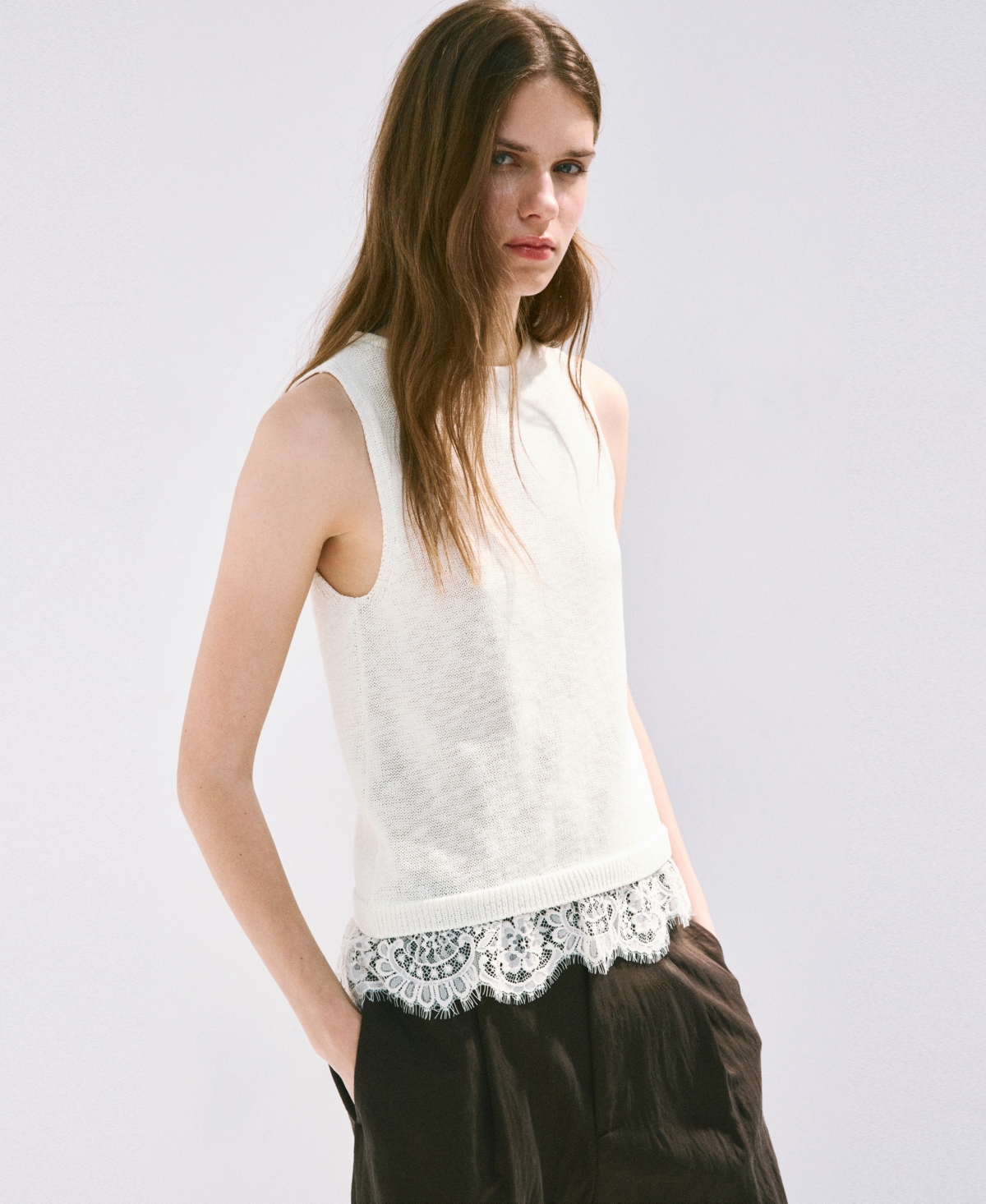 Click here for Mango Womens Lace Detail Knit Top - Light Beige prices