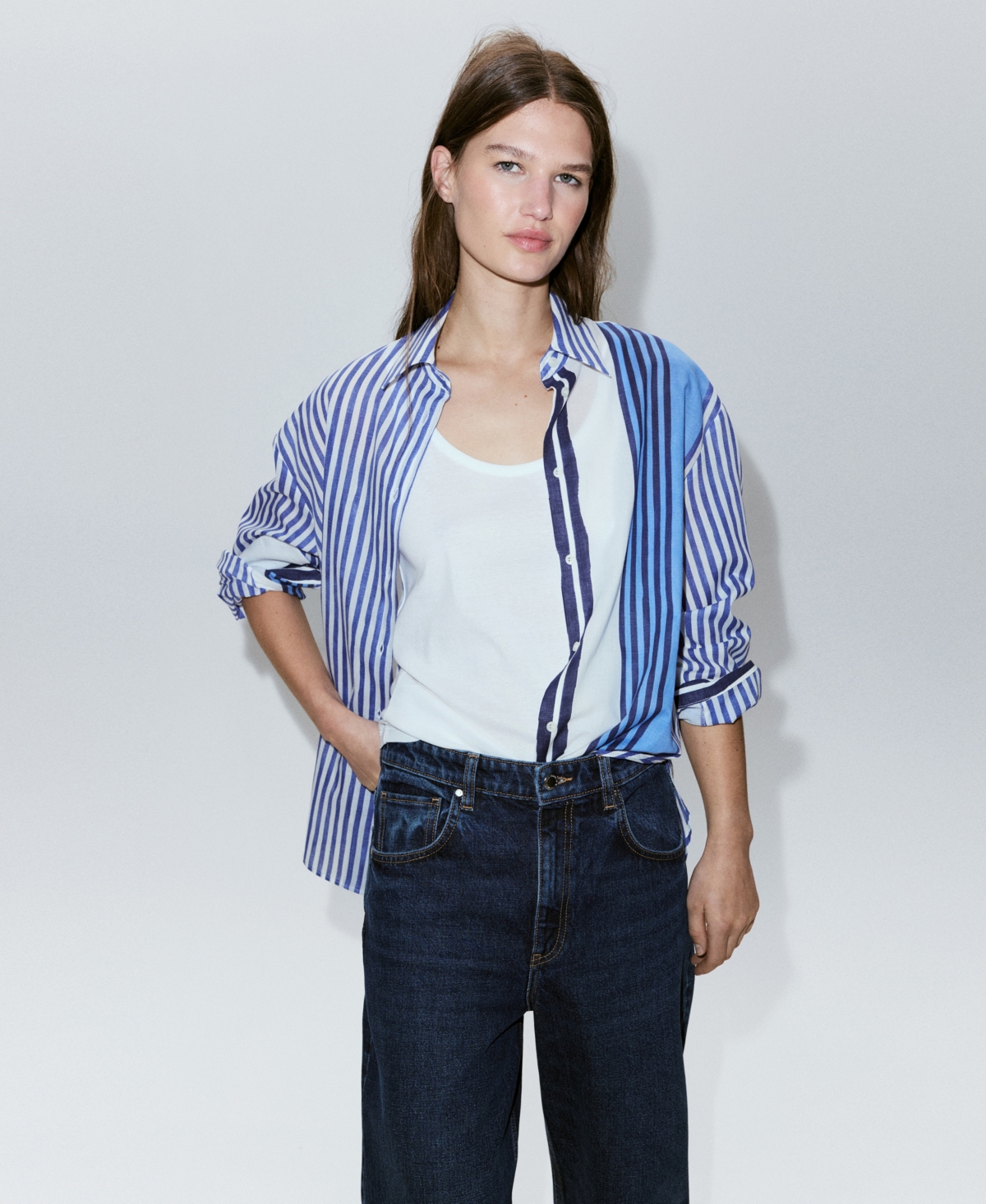 Click here for Mango Womens Cotton Striped Shirt - Medium Blue prices