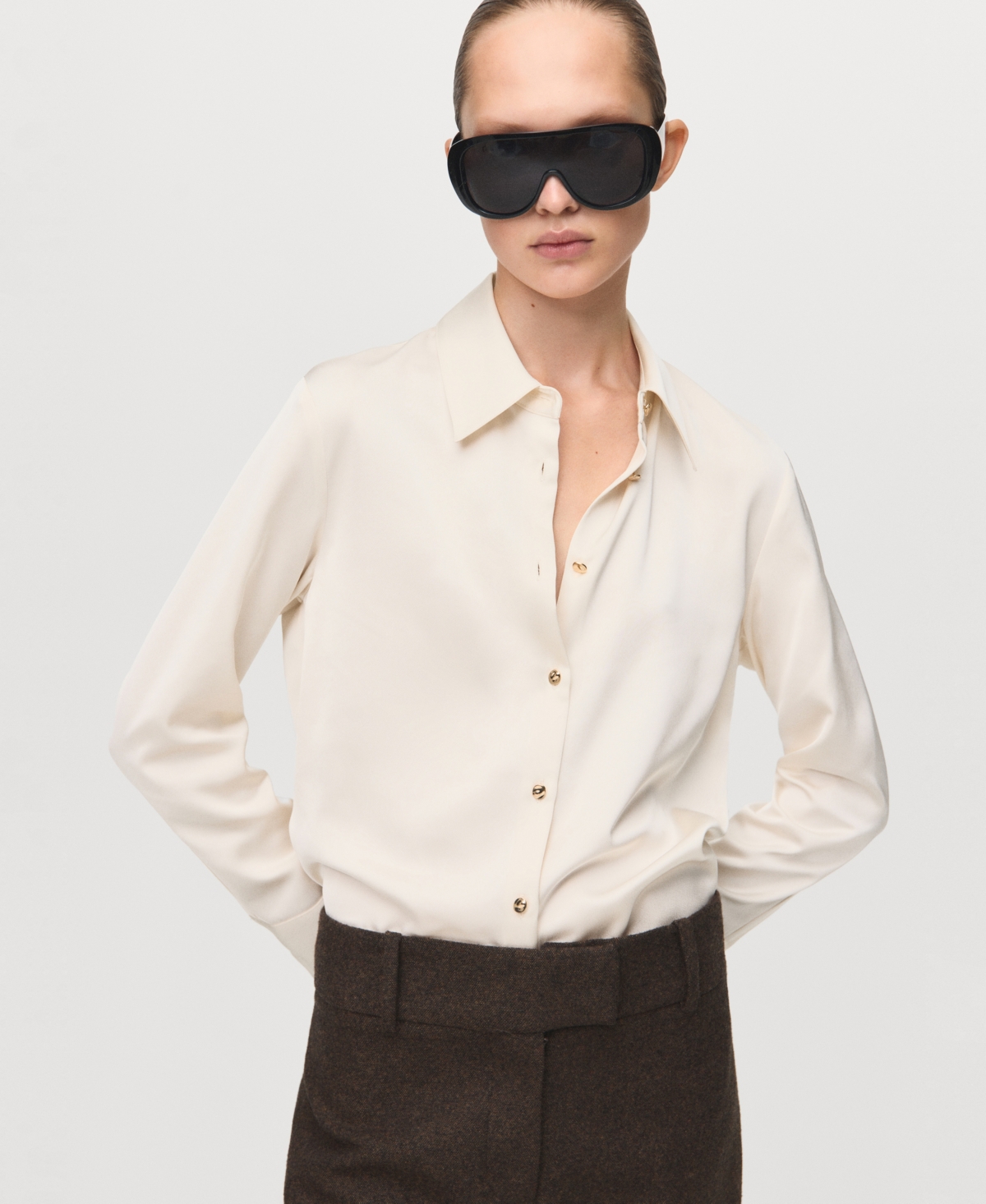Click here for Mango Womens Satin Finish Flowy Shirt - Light Beig... prices