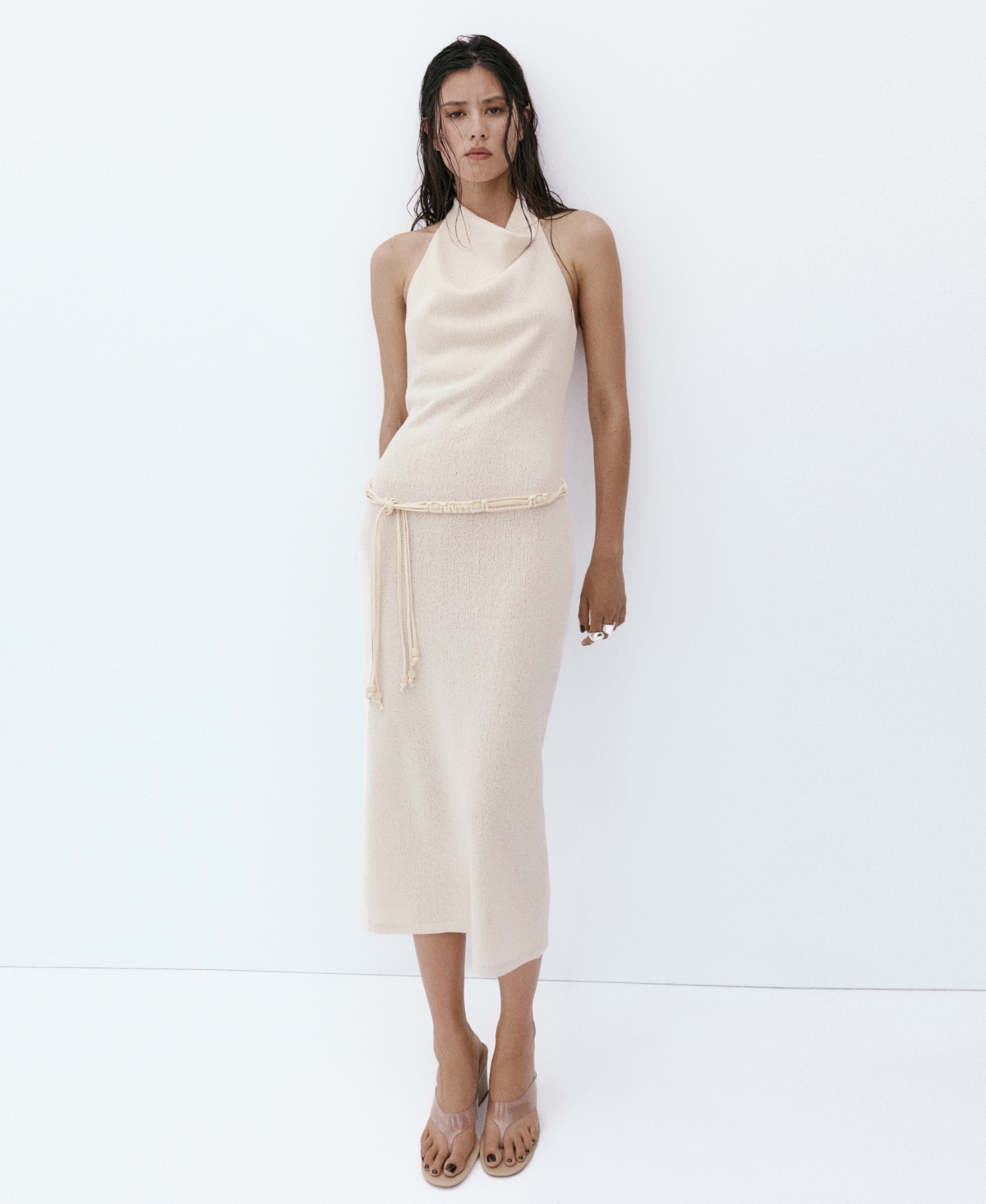 Click here for Mango Womens Belted Knit Halter Dress - Light Beig... prices