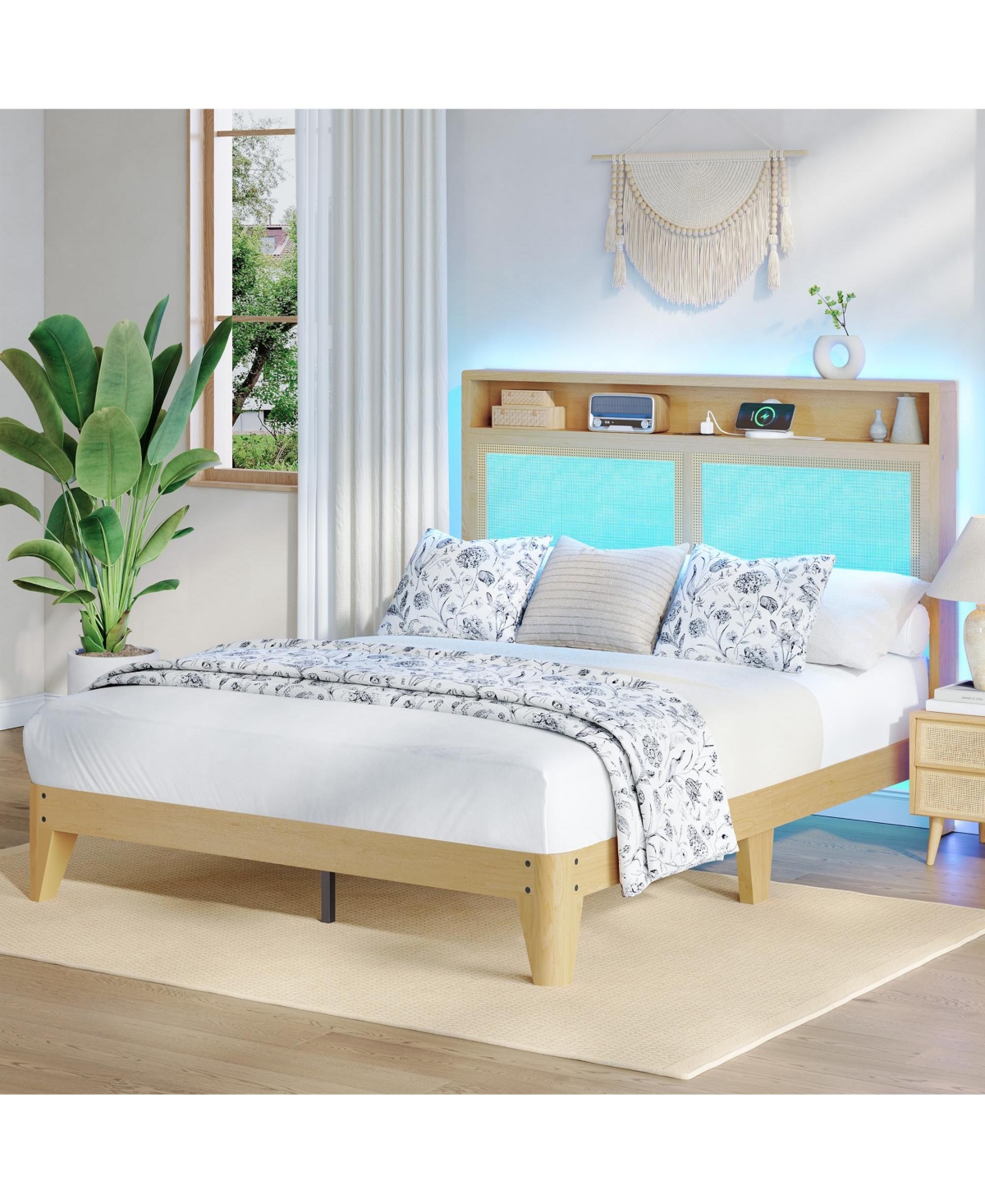 gaomon Rattan King Size Bed Frame with Led Lights  Boho Wood Bed Frame with Storage Headboard & Charging Station  No Box Spring Needed - Brown 1