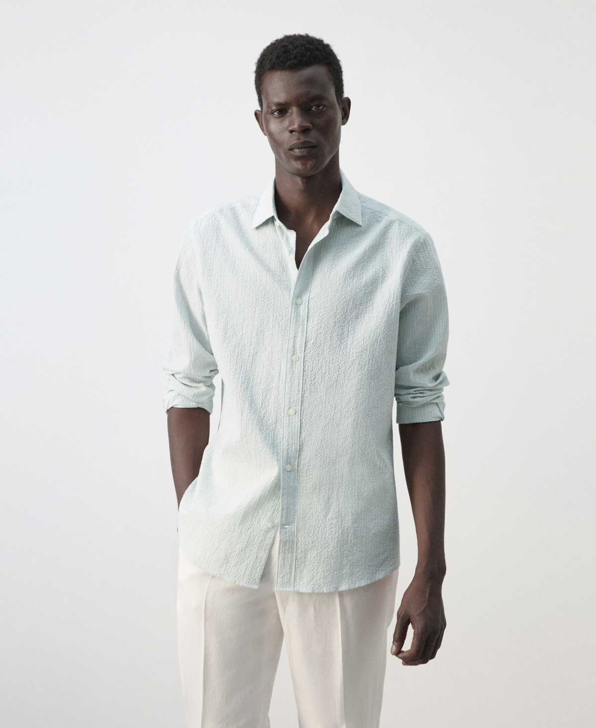 Click here for Mango Mens Textured Striped Seersucker Shirt - Pas... prices